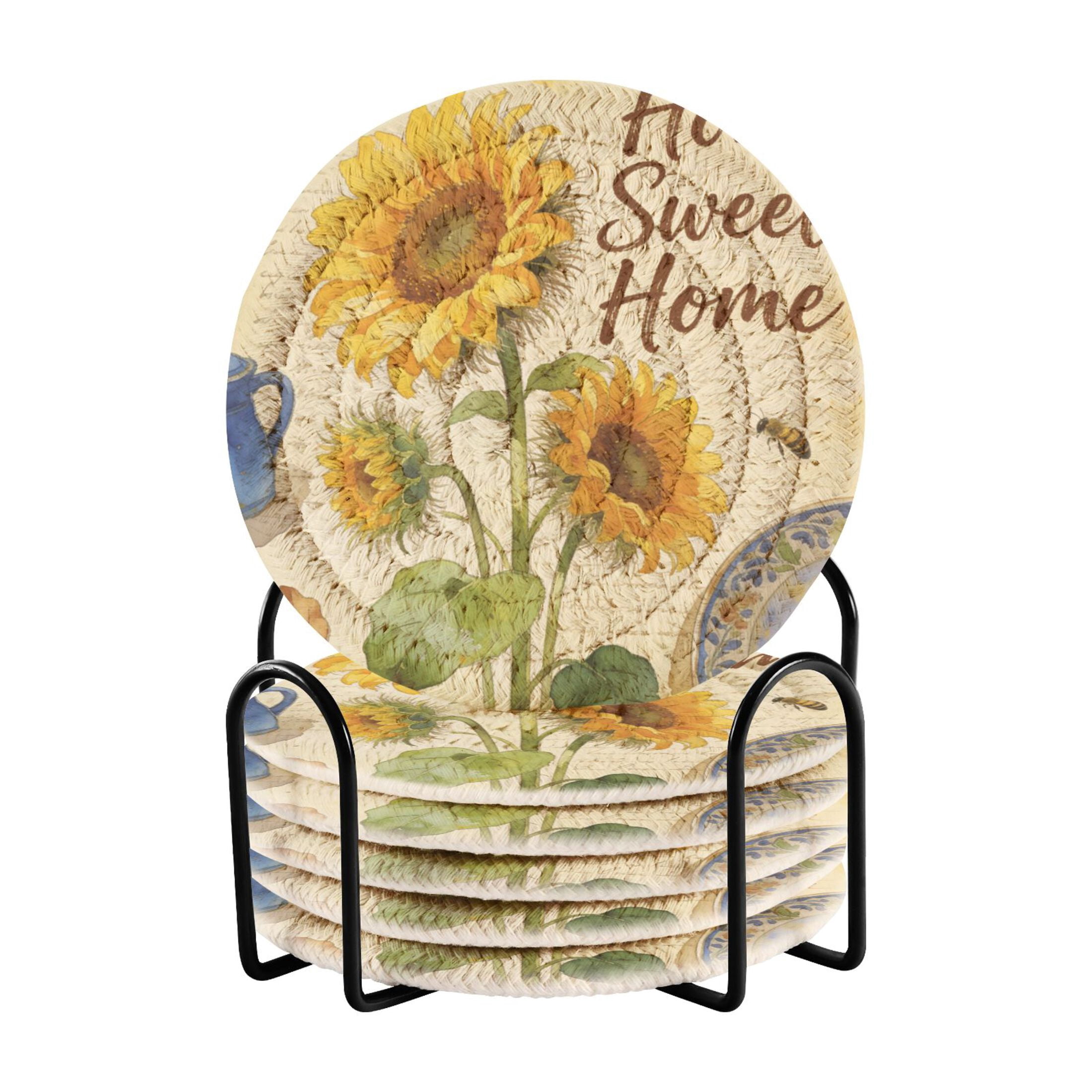 6 Pcs Woven Drink Coasters Set with Metal Stand, Sunflower 4 Inch ...