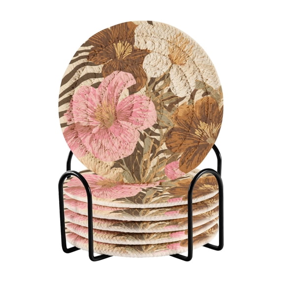 6 Pcs Woven Drink Coasters Set with Metal Stand, Zebra Flower 4 Inch ...