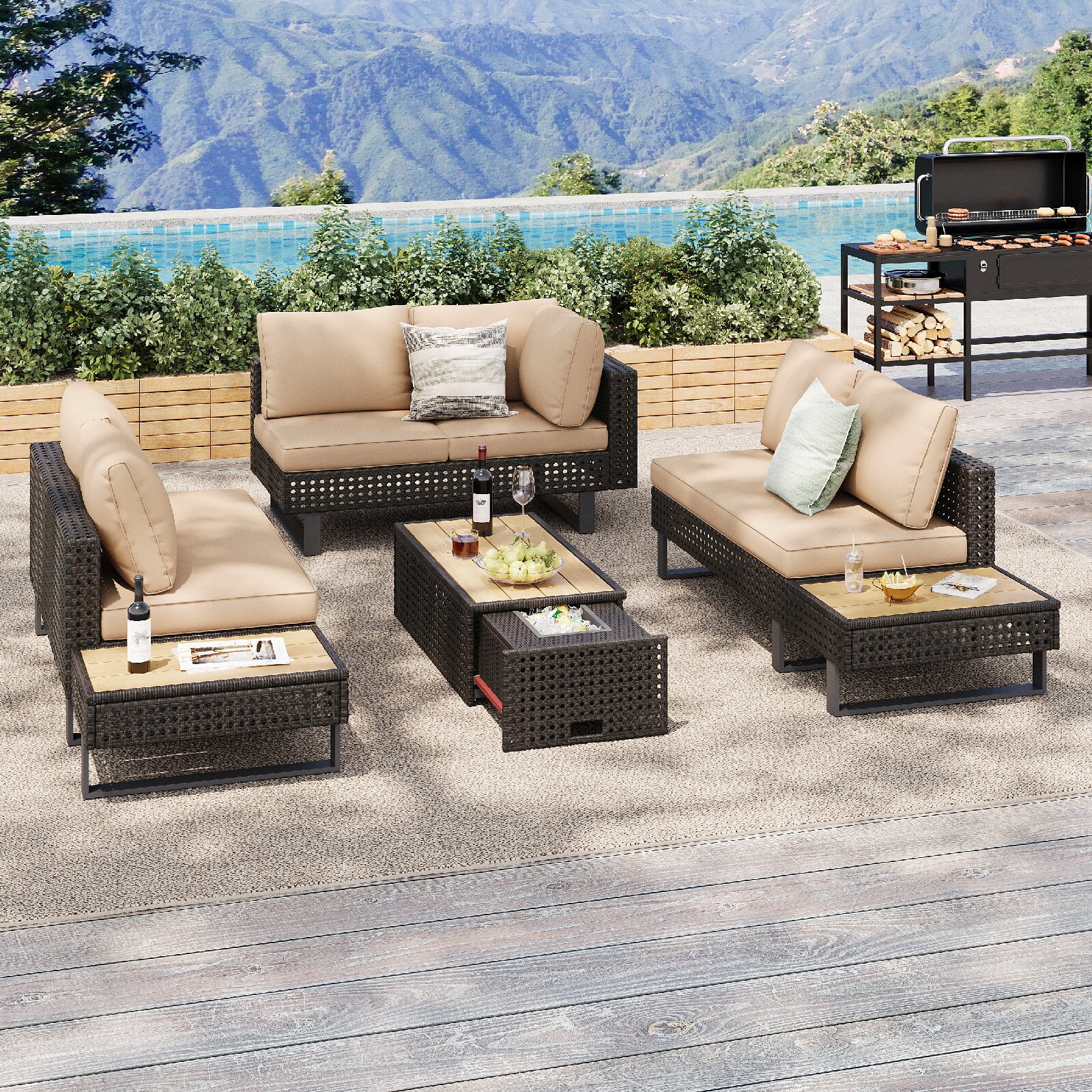 6-Pers Diamond Weave Patio Sectional Furniture Set with Extendable ...