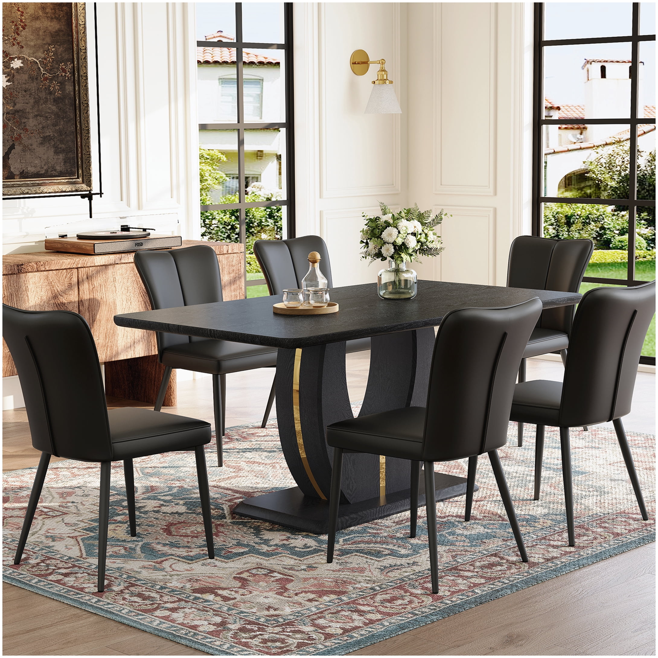 6 Person Dining Table Set, Black Wood Grain Finish Table and PU Leather ...