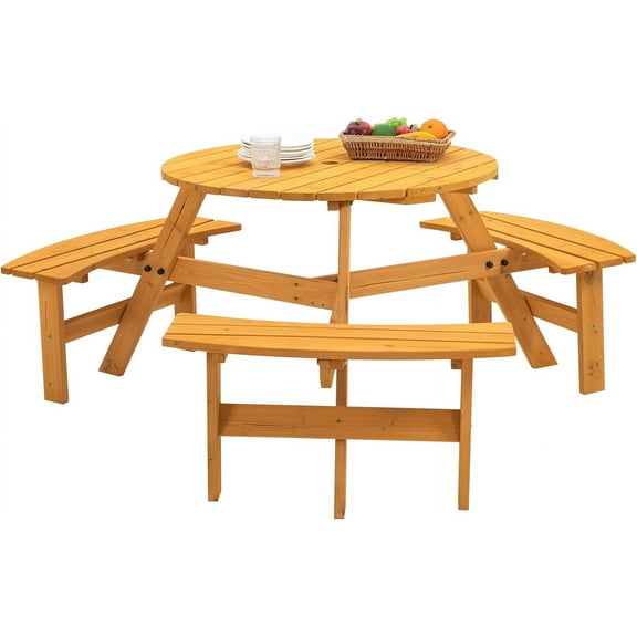 6-Person Circular Wooden Picnic Table - DIY Outdoor Table with 3 Built ...