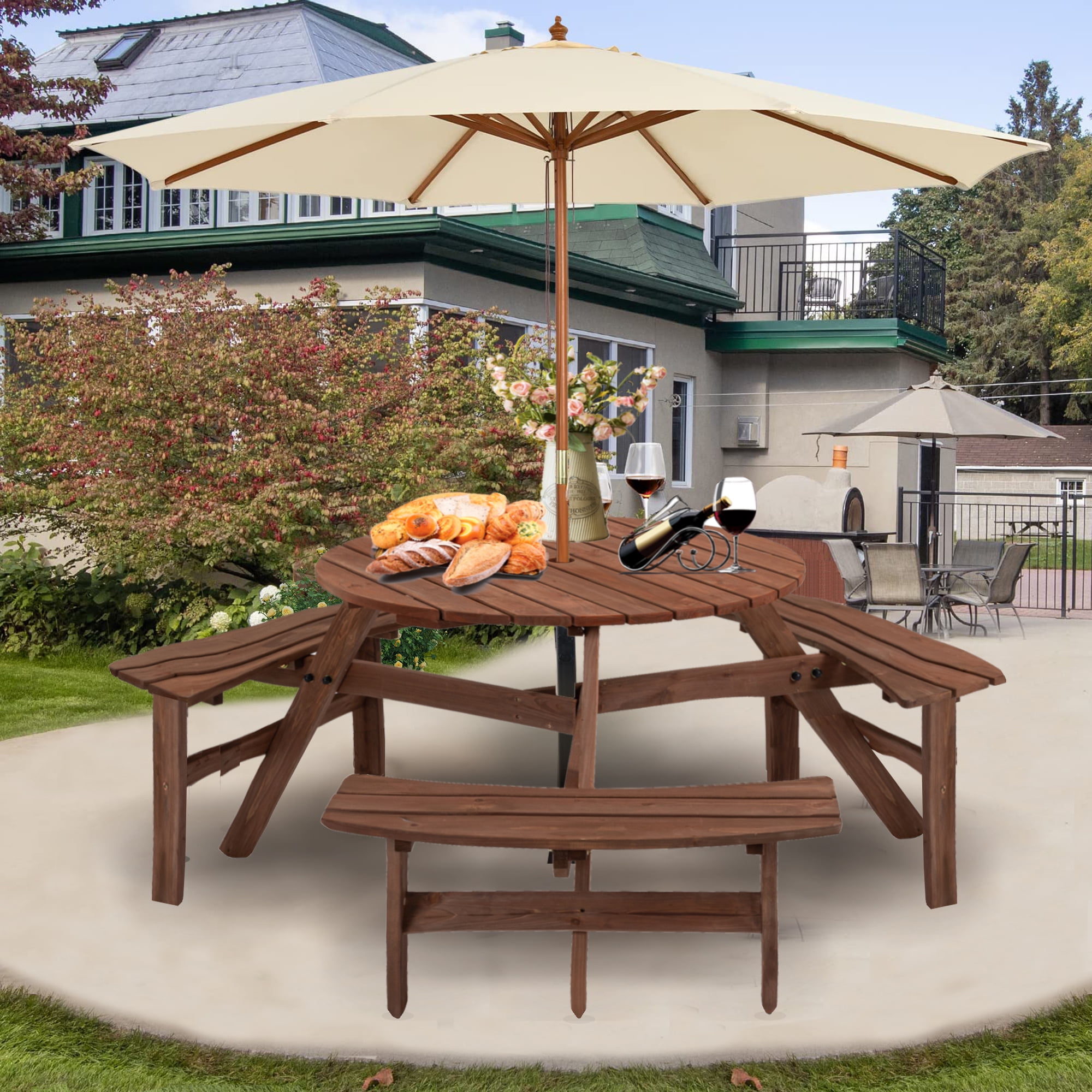 Thanaddo Sturdy AND Durable Picnic Table with 3 Built-in Benches, Brown ...