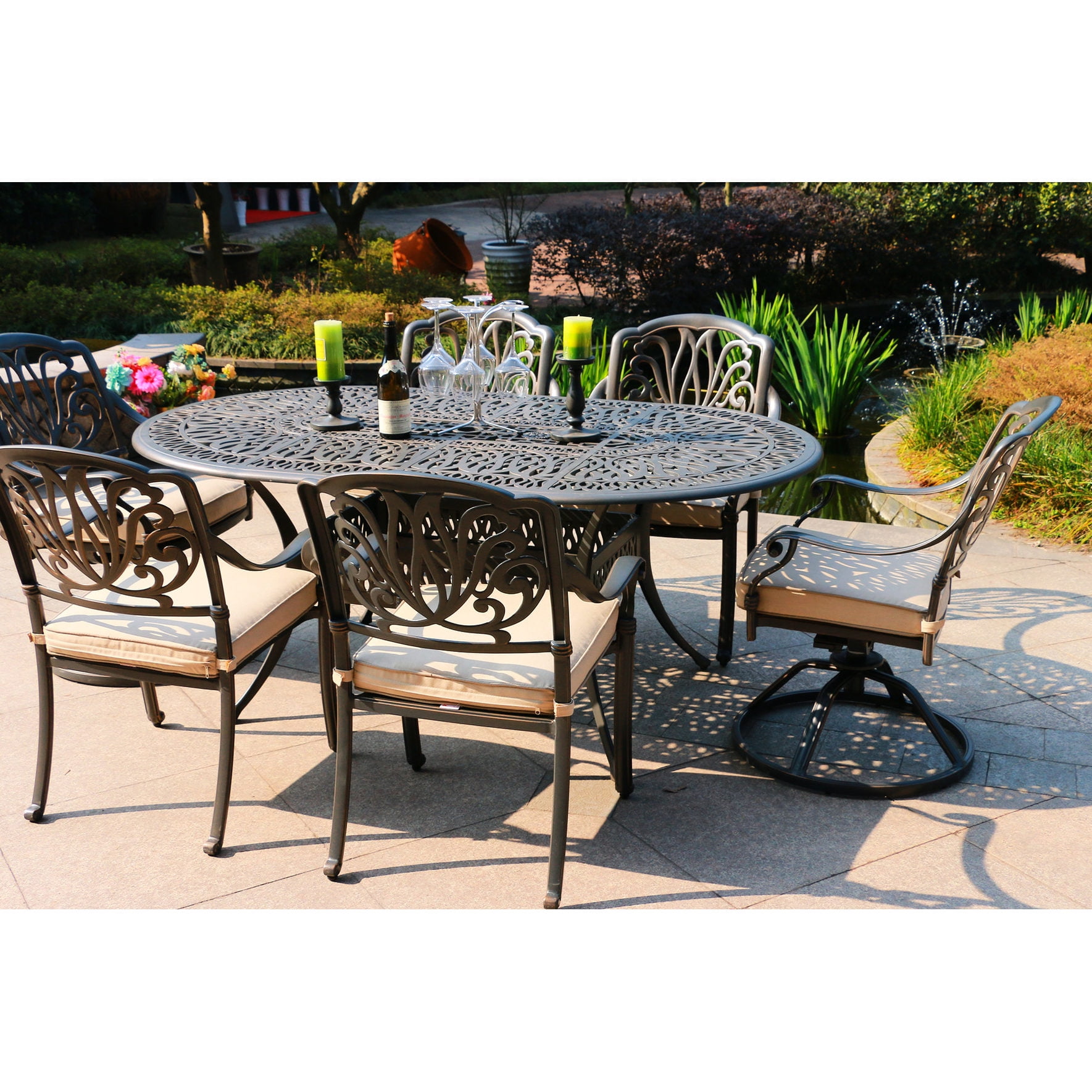 6-Person Oval - Swivel Rocker Chairs - Shaded Outdoor Dining - 360-Degree Swiveling Joy ...