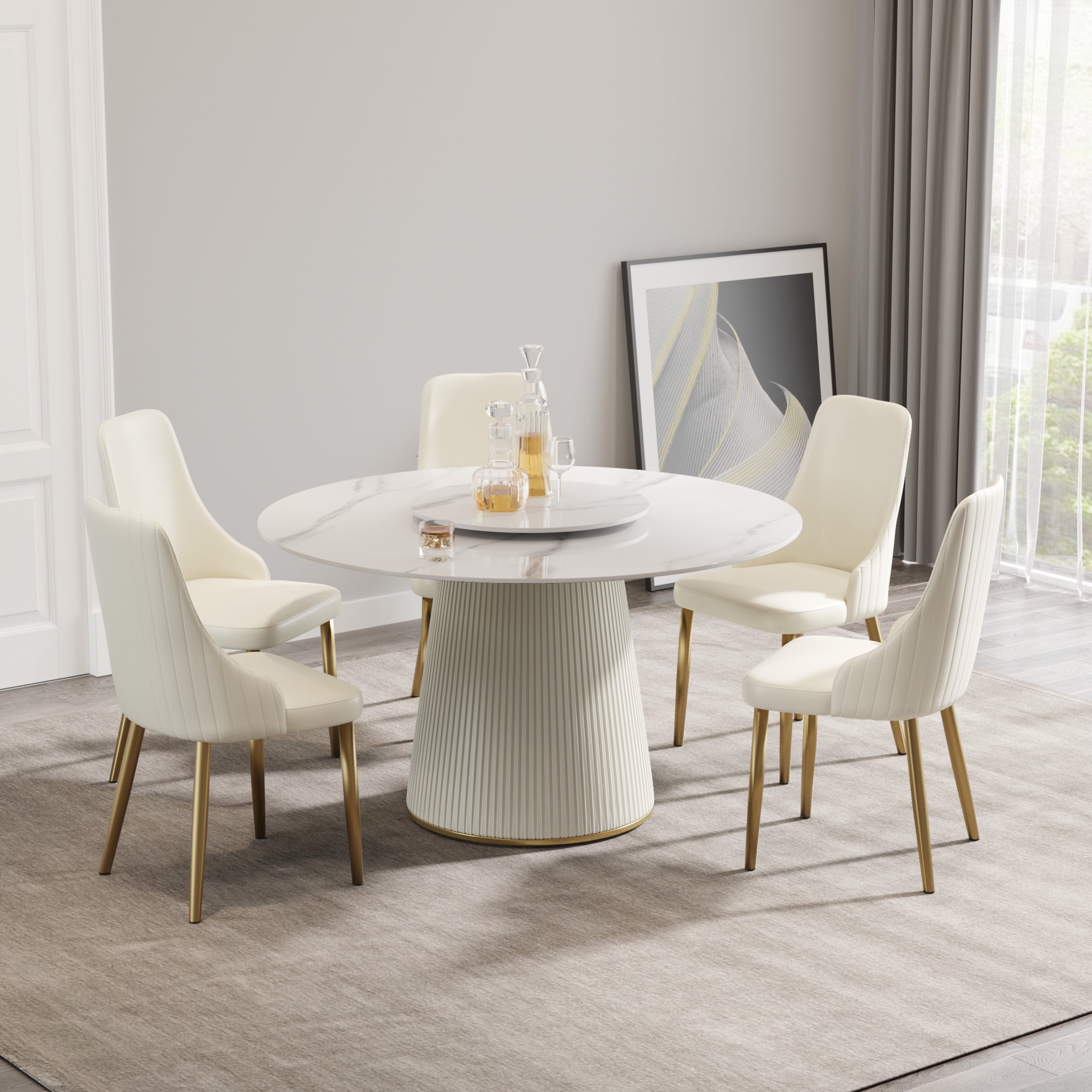6-Person Round Dining Table, Modern White Sintered Stone Top, Rotating ...