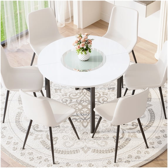 6-Person Round Dining Table Set, White Modern Table with Tempered Glass ...