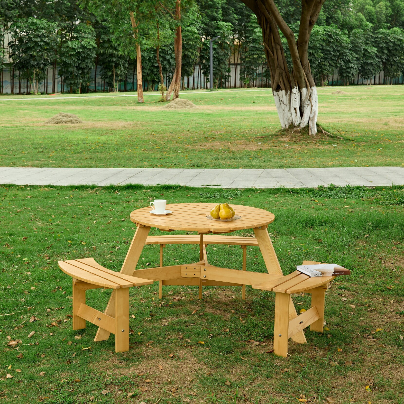 6 Person Round Outdoor Picnic Table with 3 Built-in Benches, Umbrella ...