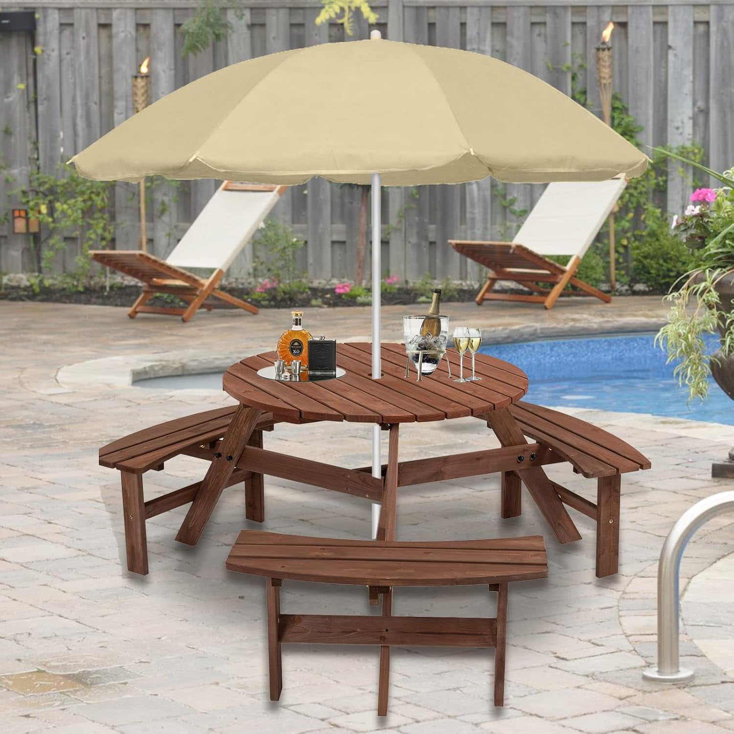 6 Person Round Picnic Table, Outdoor Circle Wood Picnic Table Patio ...