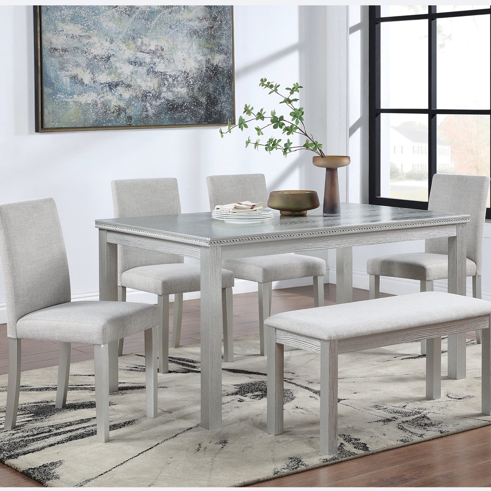 6 - Person Solid Wood Dining Table Set with Bench | Comfortable Seating ...