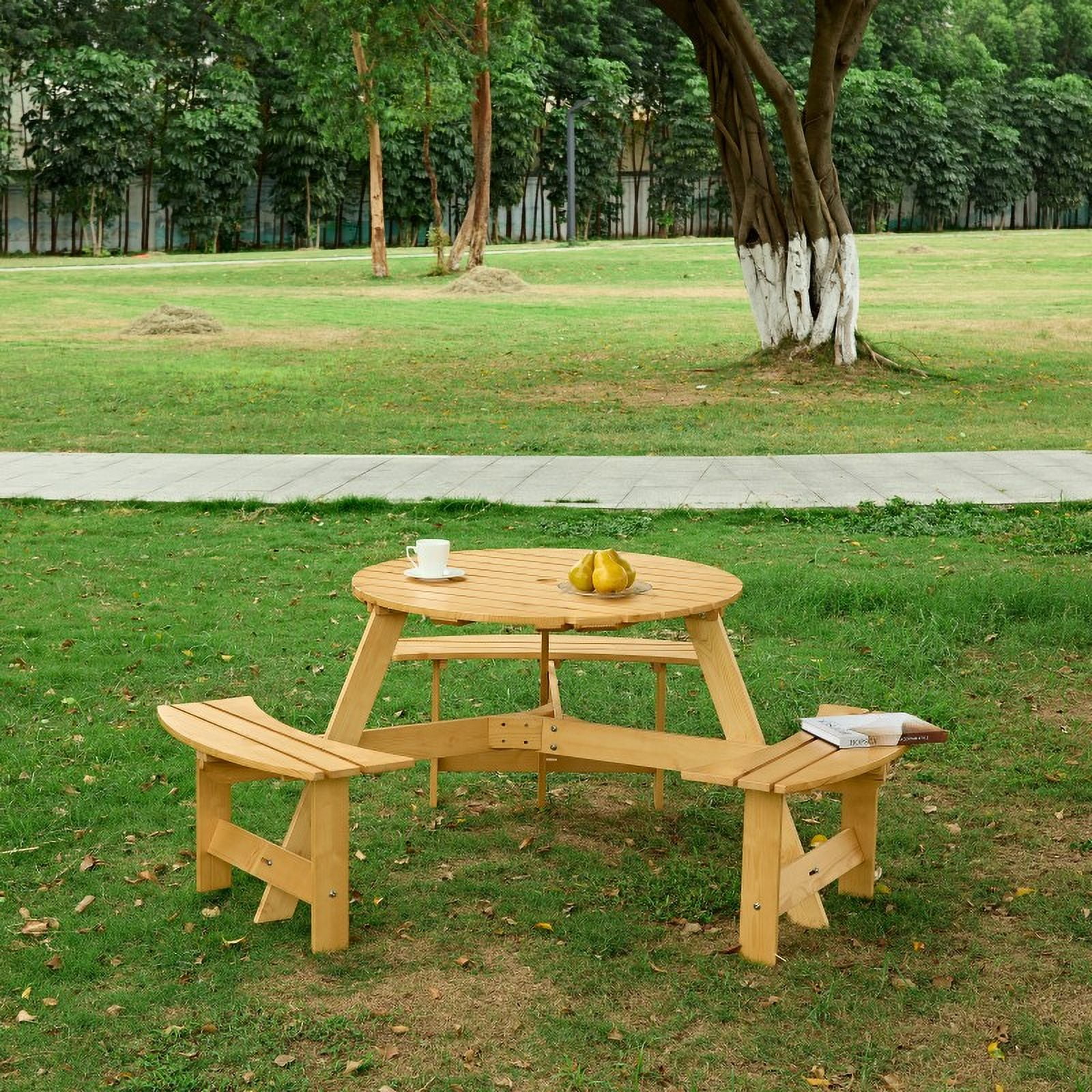 6 Person Wood Picnic Table, Outdoor Round Picnic Table with 3 Built-in Benches, Umbrella Hole ...