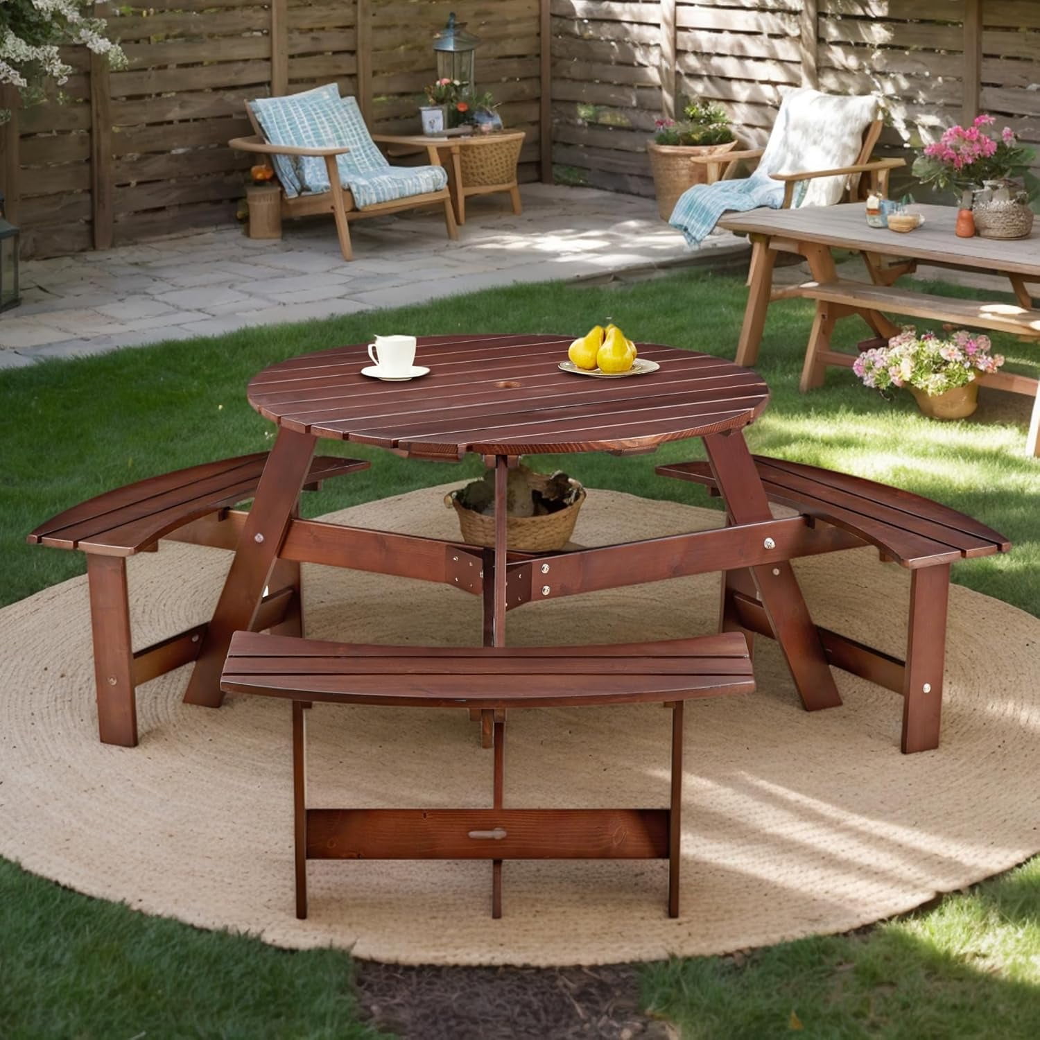 6 Person Wood Picnic Table, Outdoor Round Picnic Table with 3 Built-in ...