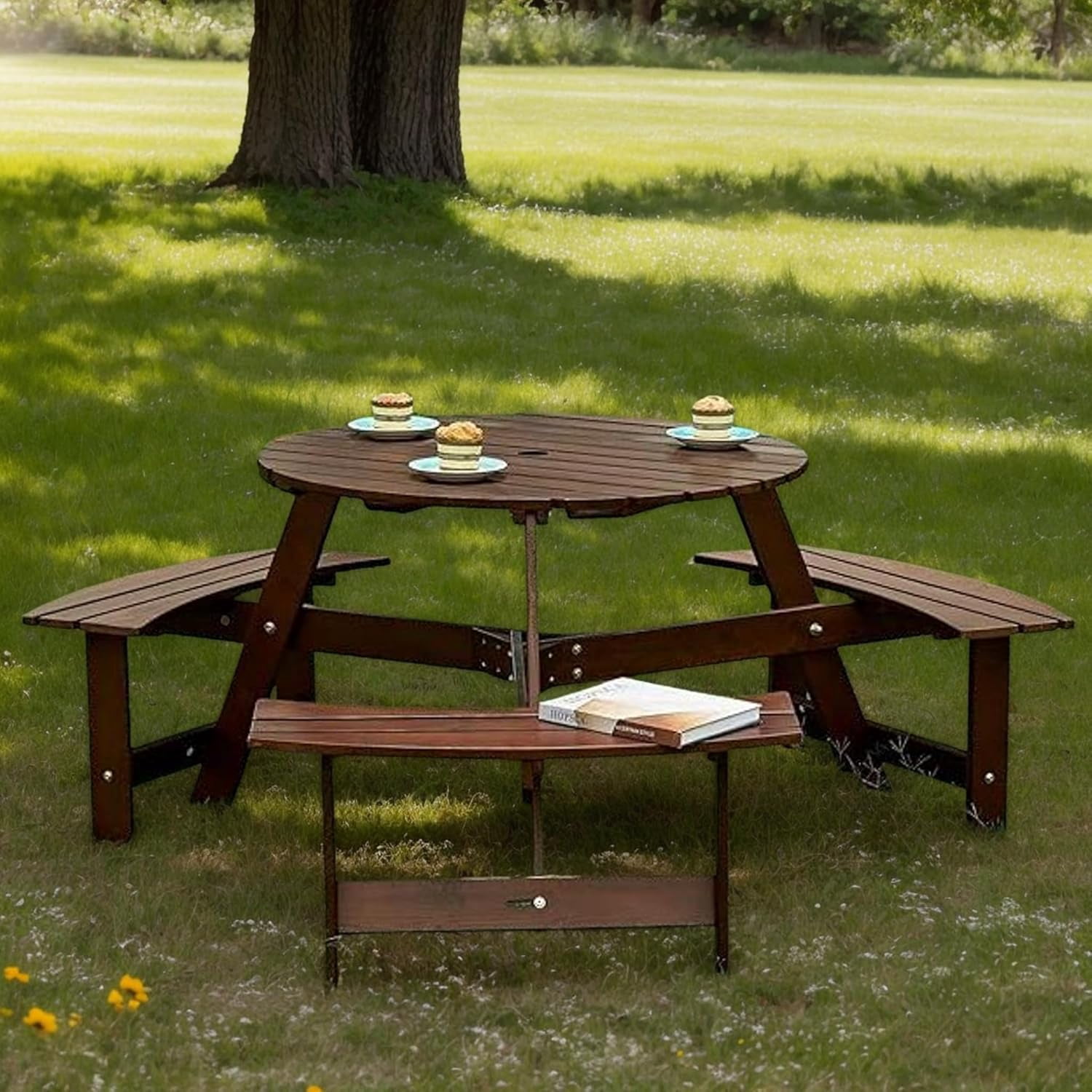 6 Person Wood Picnic Table, Outdoor Round Picnic Table with 3 Built-in ...