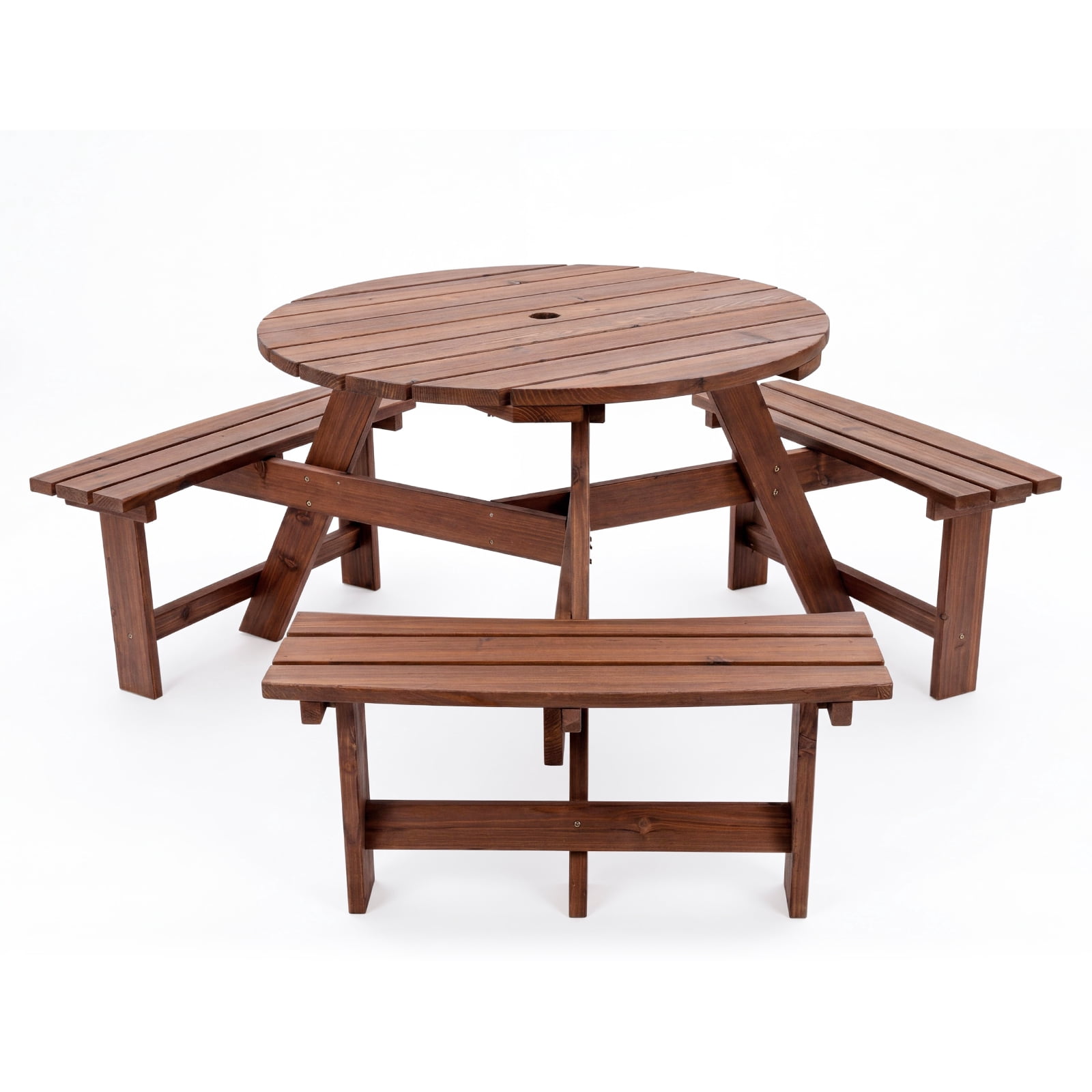 6 Person Wooden Picnic Table, Outdoor Picnic Tables with 3 Built-in ...