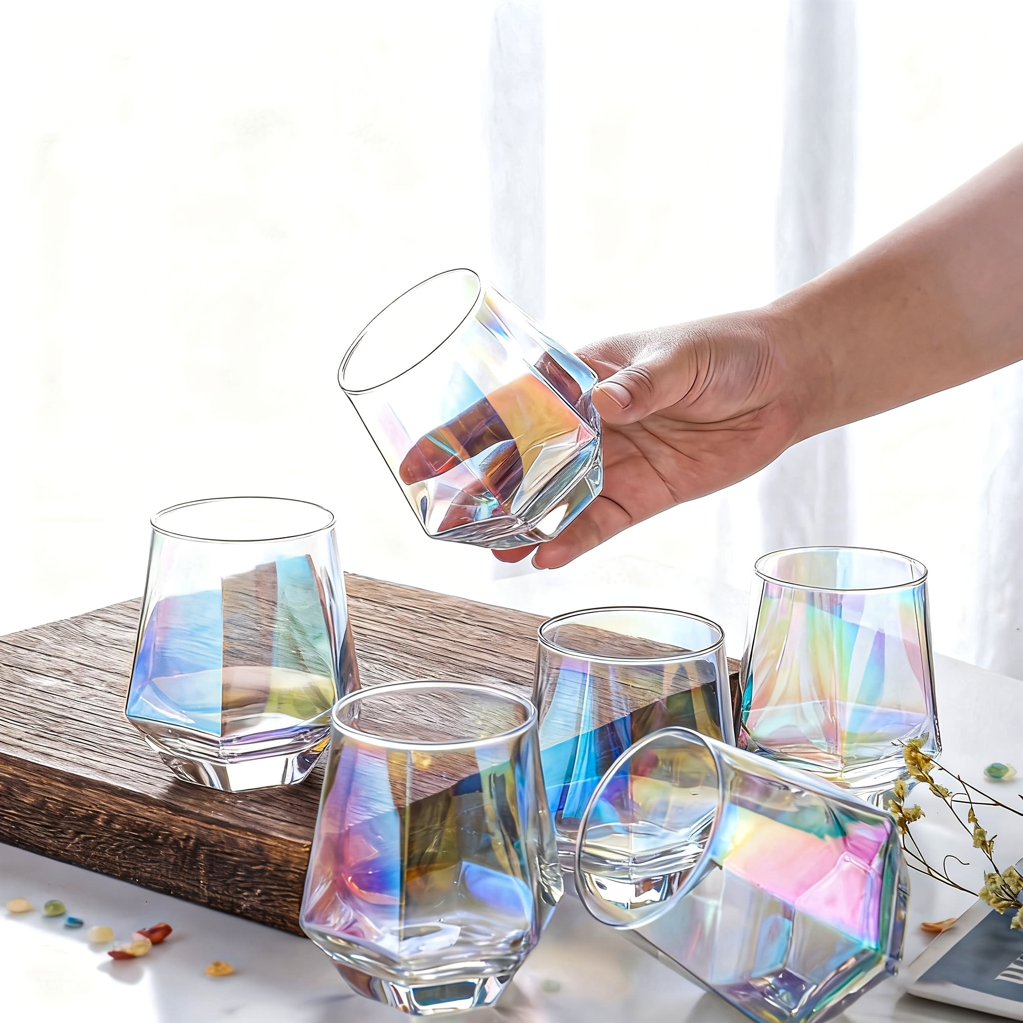 6-Piece 10oz Iridescent Stemless Wine Glass Set - Modern Rainbow ...