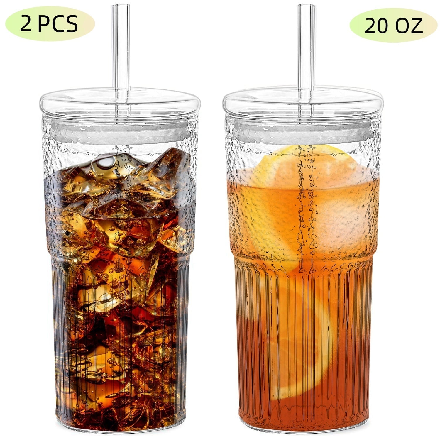 2 Piece 20 oz Glass Cups with Lid and Straw,High Borosilicate Tumbler ...