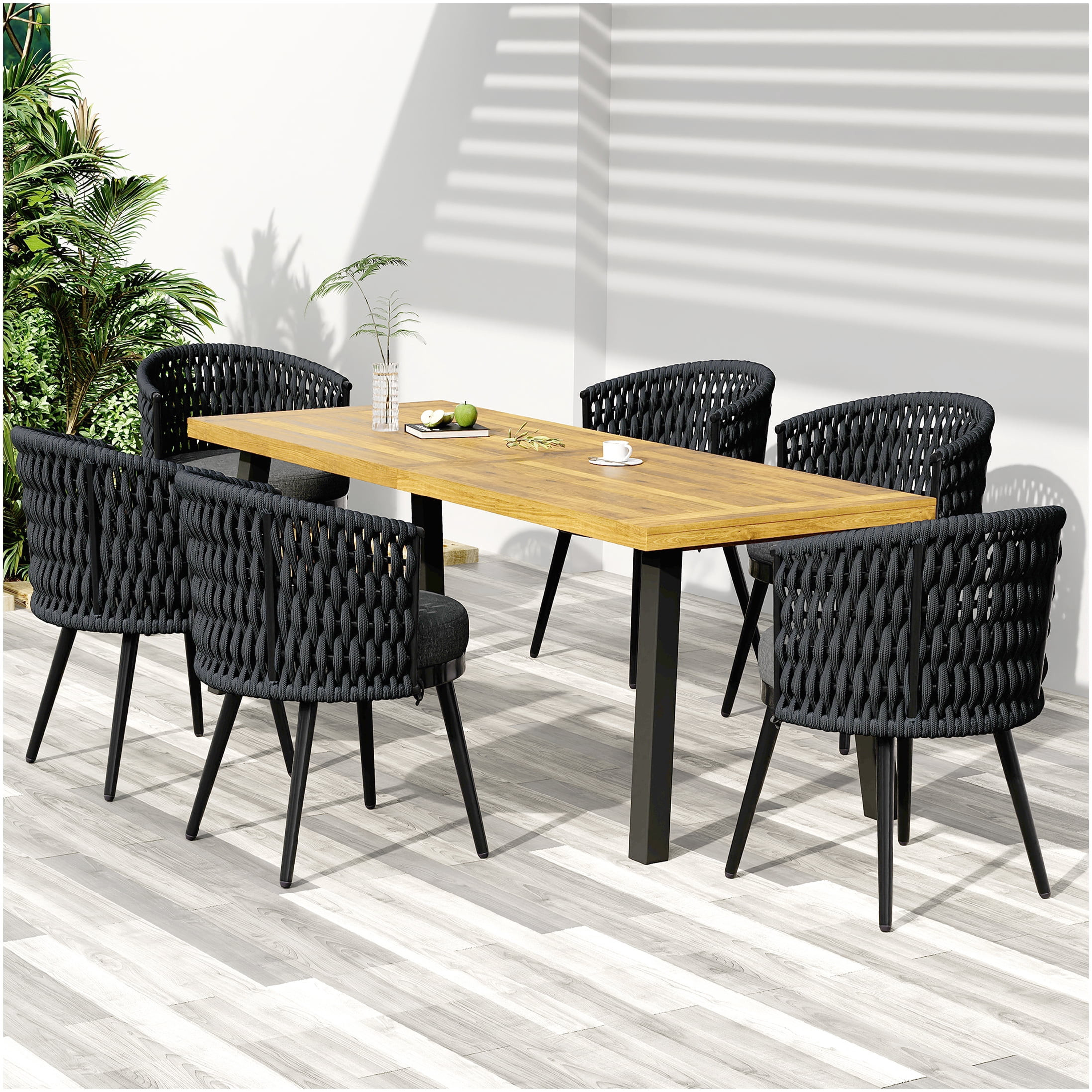 6-Piece Acacia Wood Patio Dining Set with Comfort Cushions, Rustic ...
