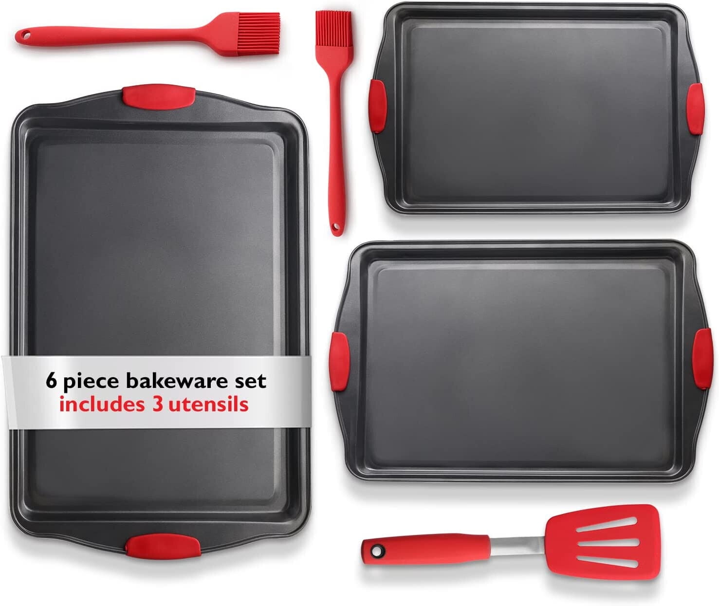 6 Piece Baking Sheet Pan Set Nonstick Cookie Sheets Spatula and Silicon ...