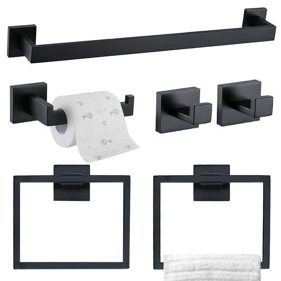 6-Piece Bathroom Towel Bar Sets Matte Black 23.6 inch Towel Bar ...