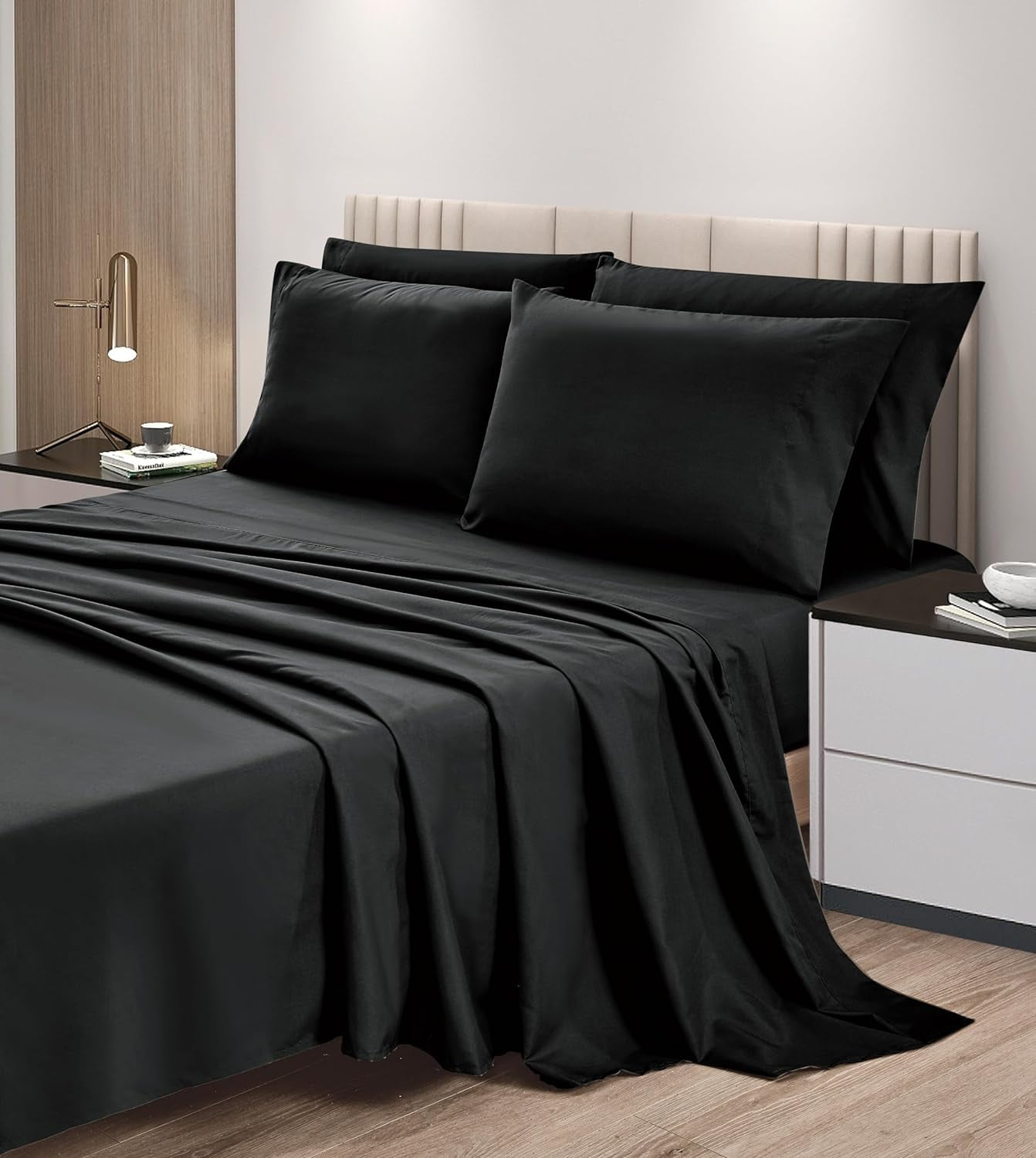 6-Piece Black Sheet Set California King - Extra Soft Breathable Brushed ...