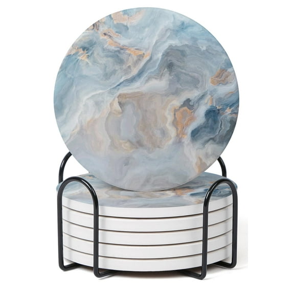 6 Piece Blue Abstract Marble Coaster Set with Holder, Quick Absorb ...