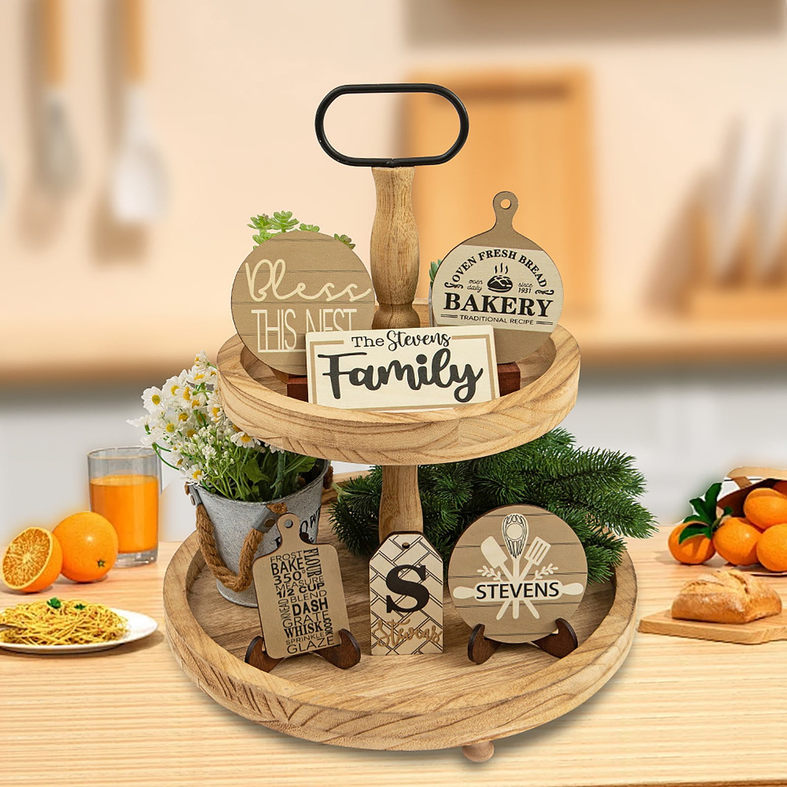 6-Piece Bread-Themed Tiered Tray Decor Kit - Wooden Signs with "Dough ...