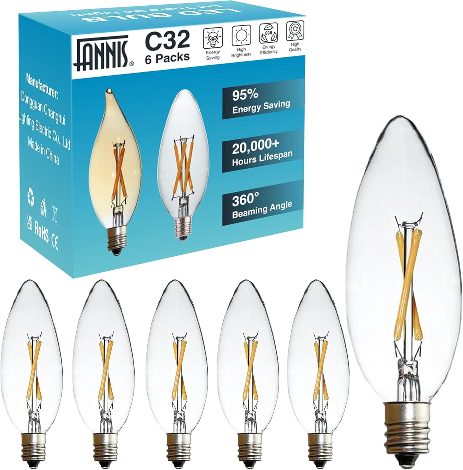 6 Piece C32 Sharp Bulb LED Edison Bulb, 2W Equivalent to 10W-20W Warm ...