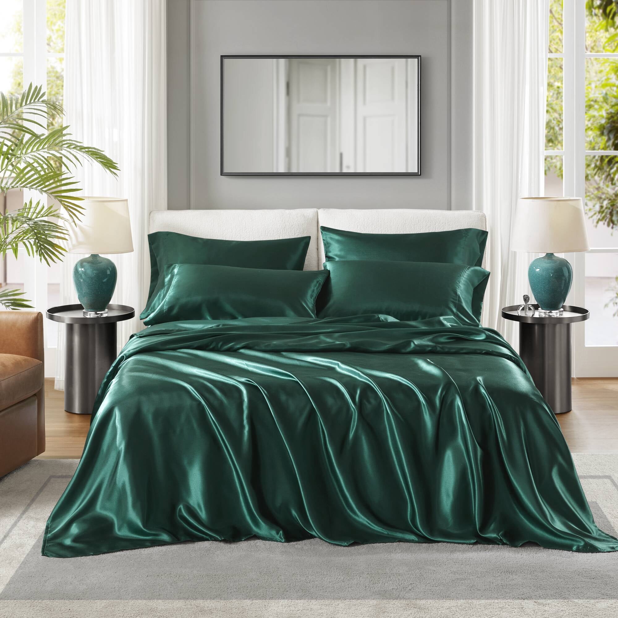 6-Piece Cal King Size Dark Green Luxury Satin Sheet Set, Silky Soft ...