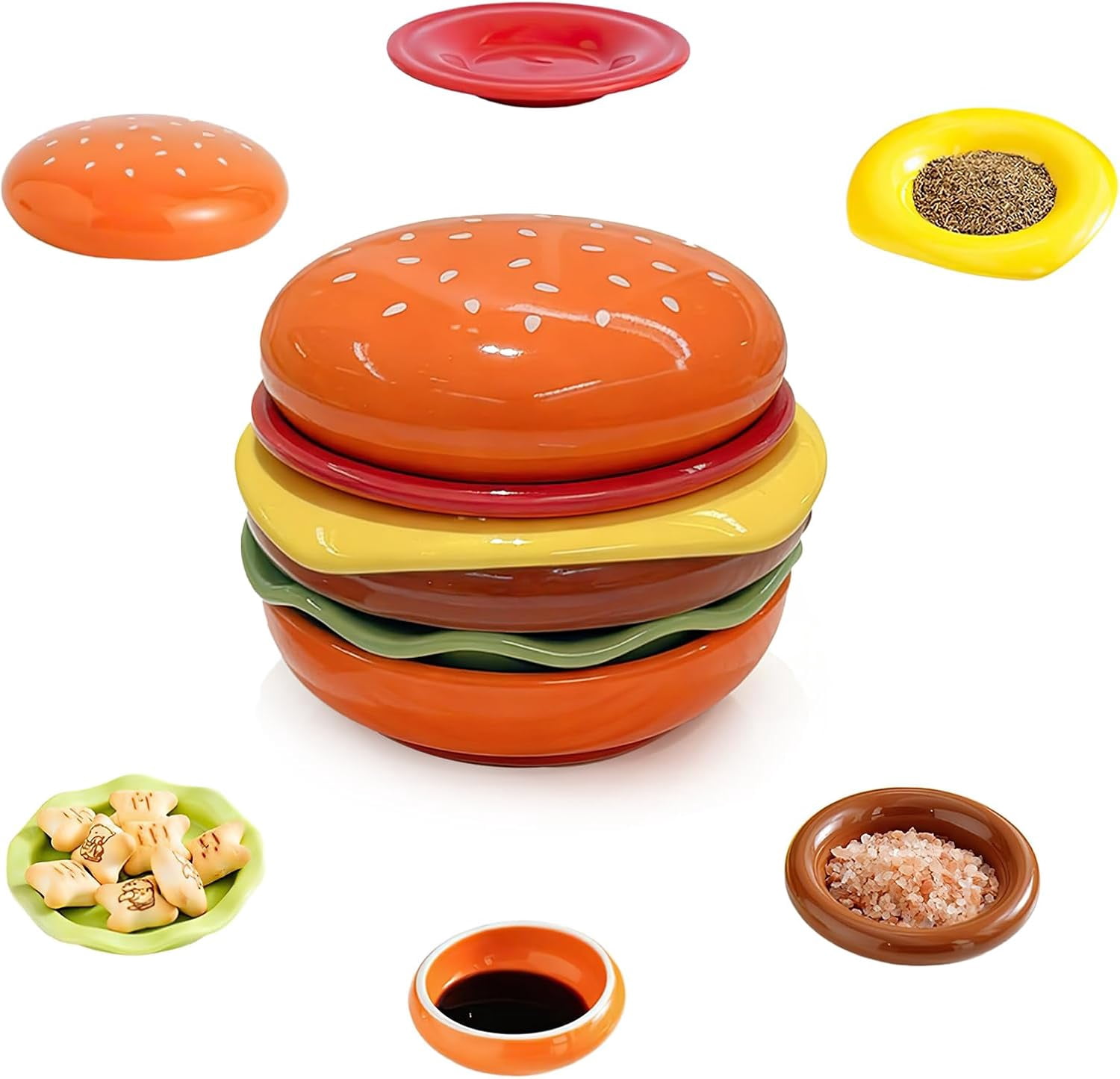 6 Piece Ceramic Hamburger Plate Set, Mini Condiment Bowls for Sushi Soy ...