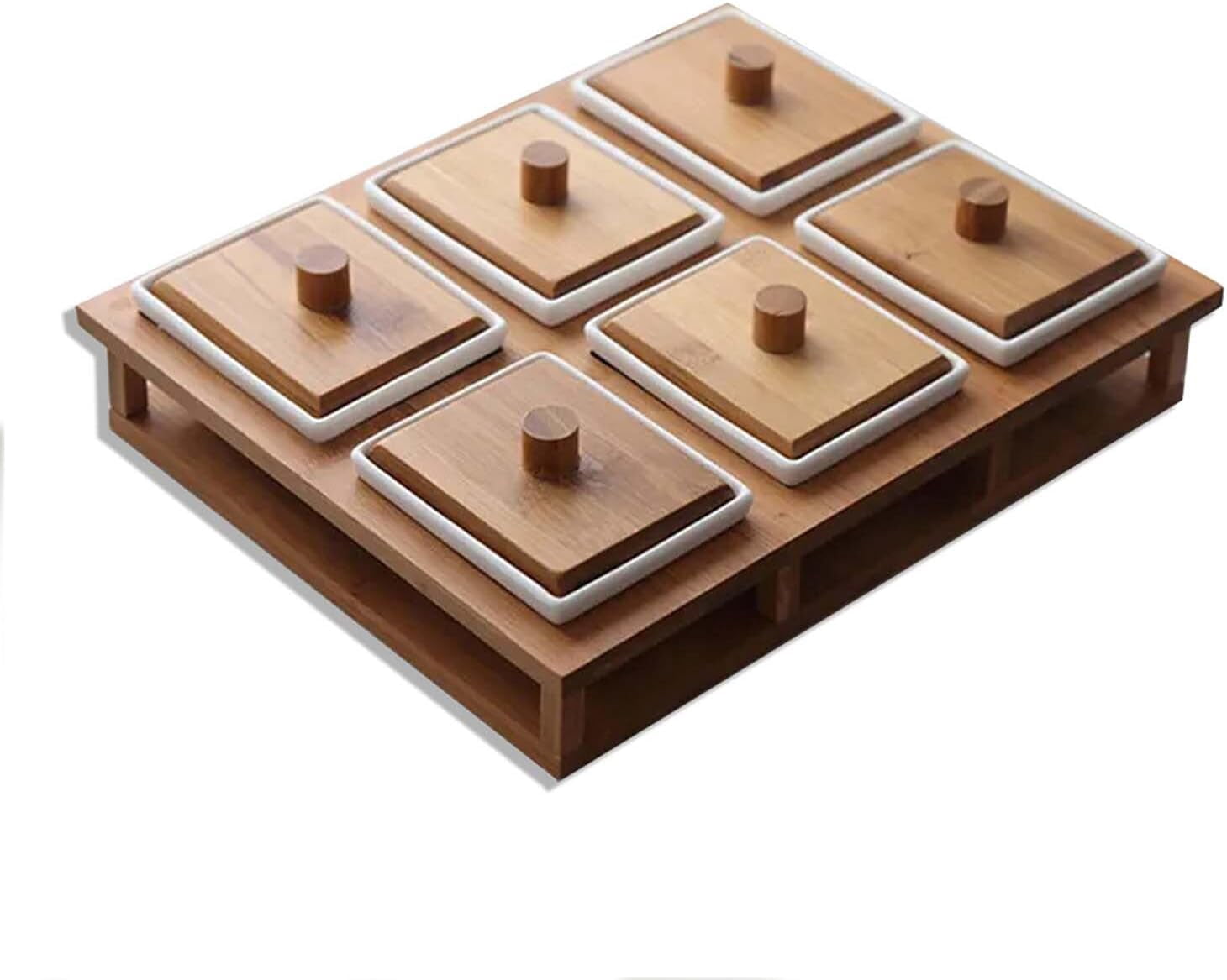 6-Piece Ceramic Snack bowl Set with Wooden Serving Tray and Lids ...