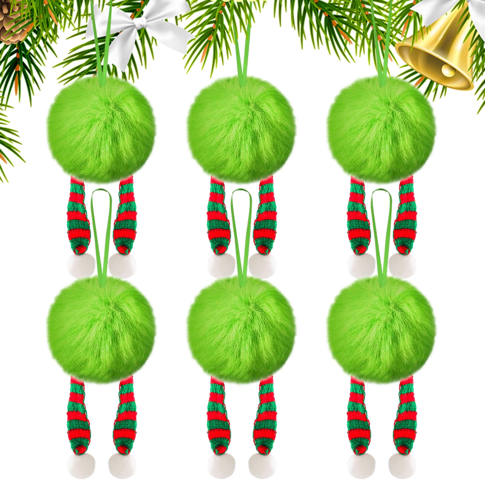 6 Piece Christmas Tree Ornaments Set Furry Ball Pendants with Ribbon ...