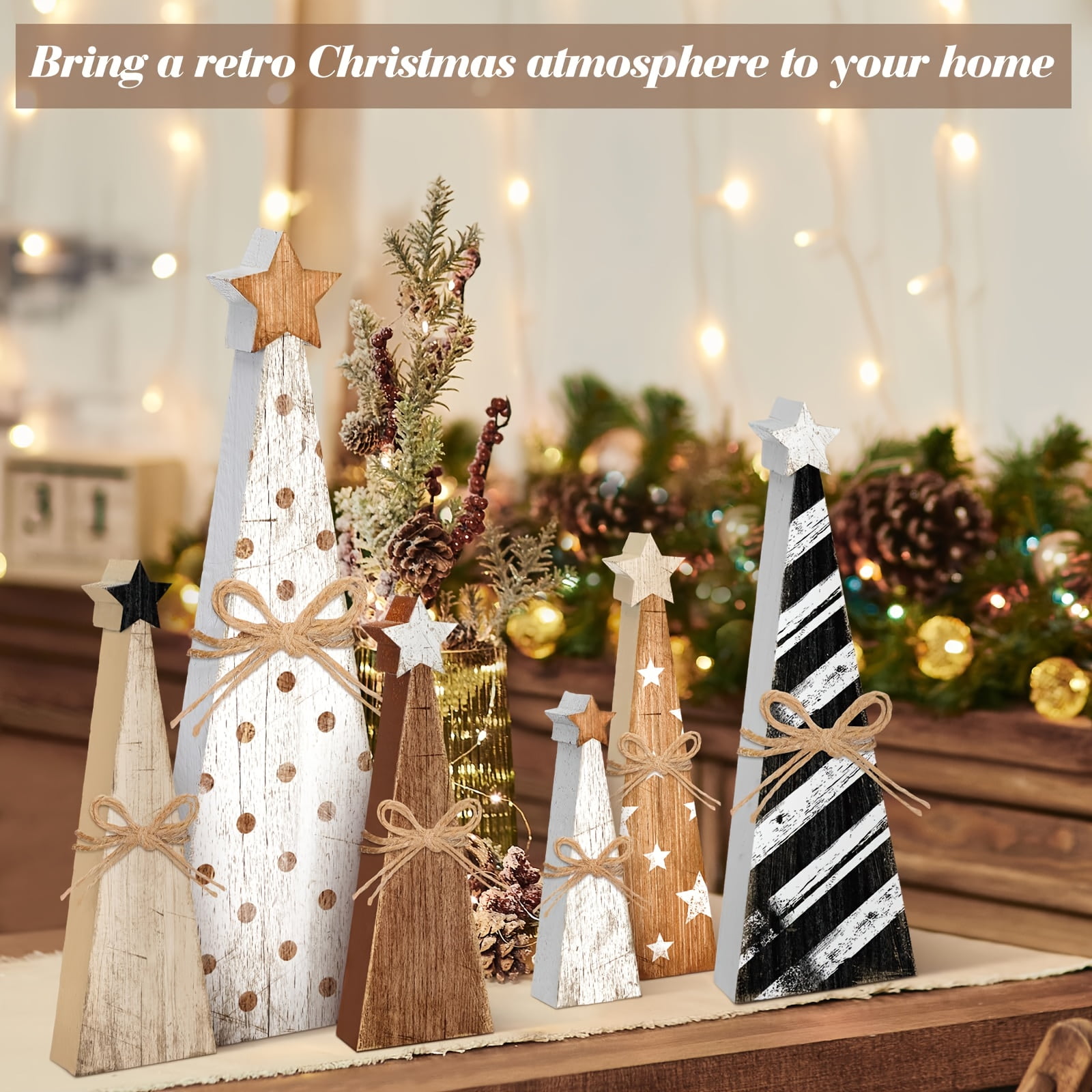 6 - Piece Christmas Wooden Decor Set. Tree Shapes, Polka Dots. Suitable ...