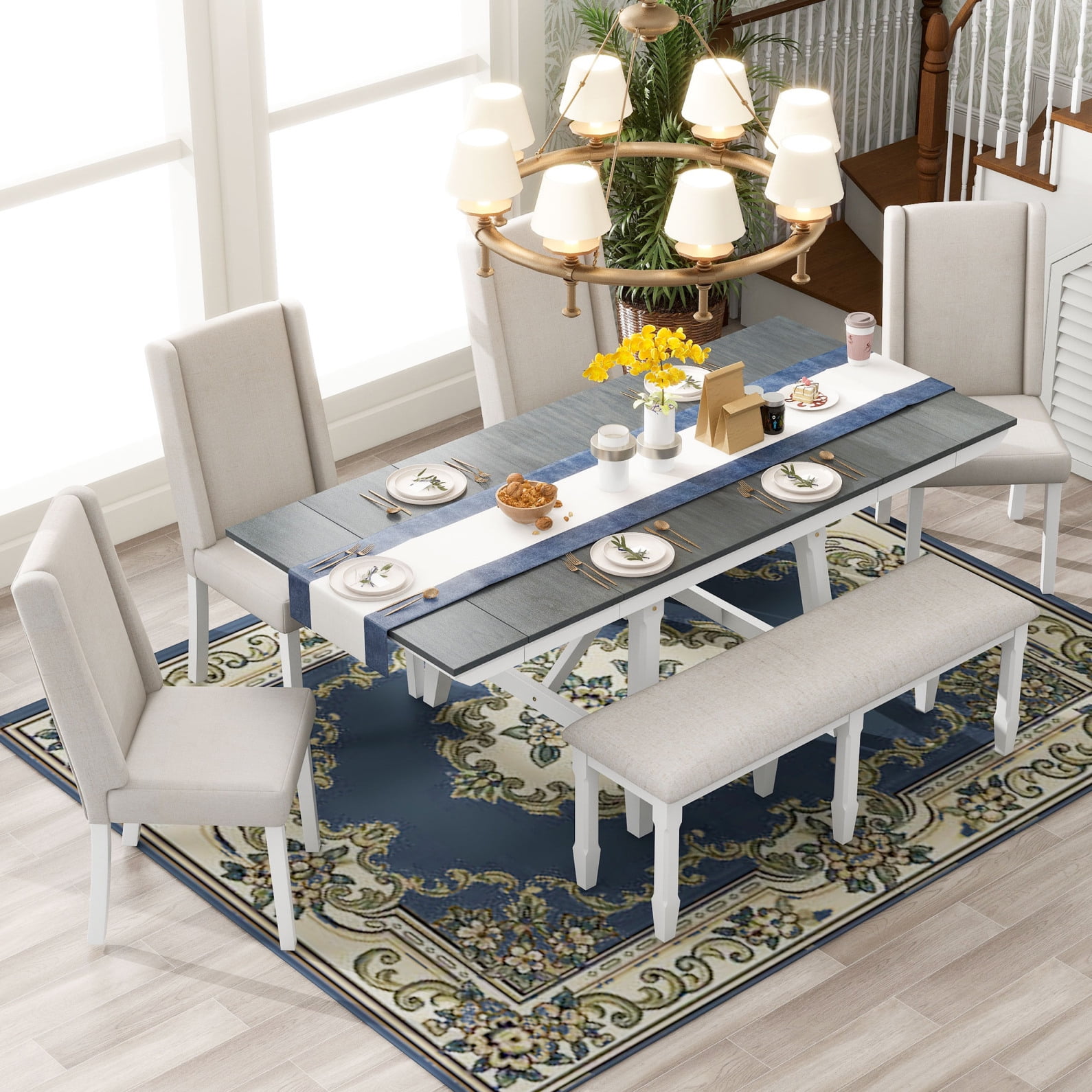 6-Piece Classic Dining Table Set, Extendable Dining Table with 2 ...