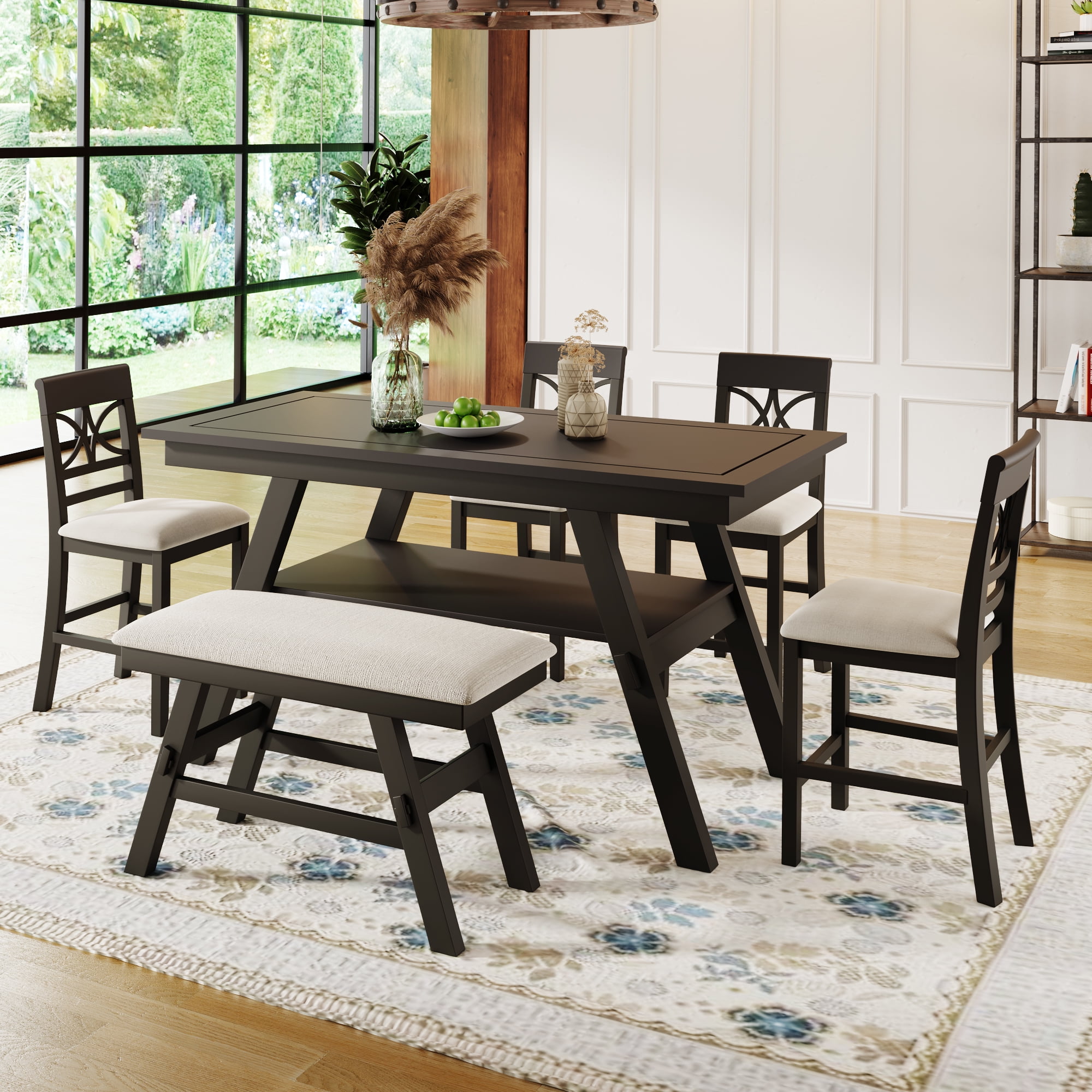 6-Piece Farmhouse Dining Set, Counter Height, with Bench and 4 Chairs ...
