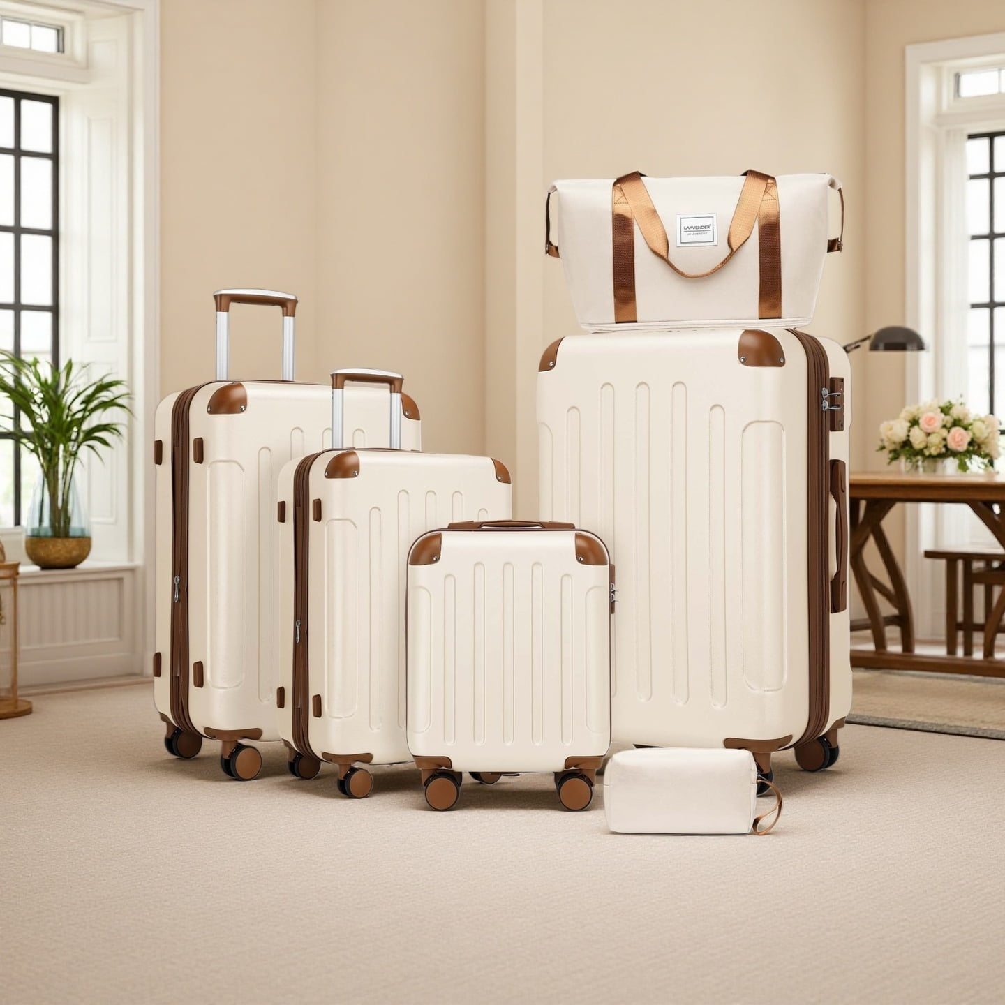 6-Piece Cream & Brown Hardside Luggage Set with Duffel Bag, Expandable ...