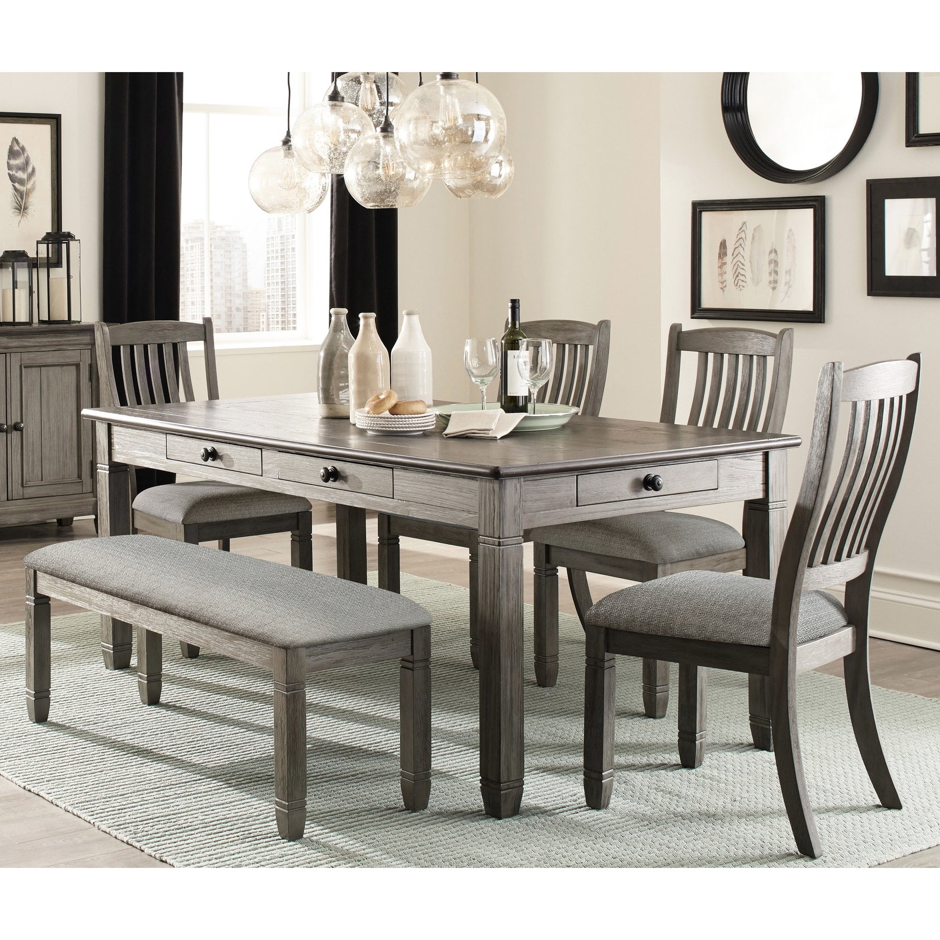 6-Piece Dining Collection - Vietnam-Made, Solid Wood, Coffee and Gray ...