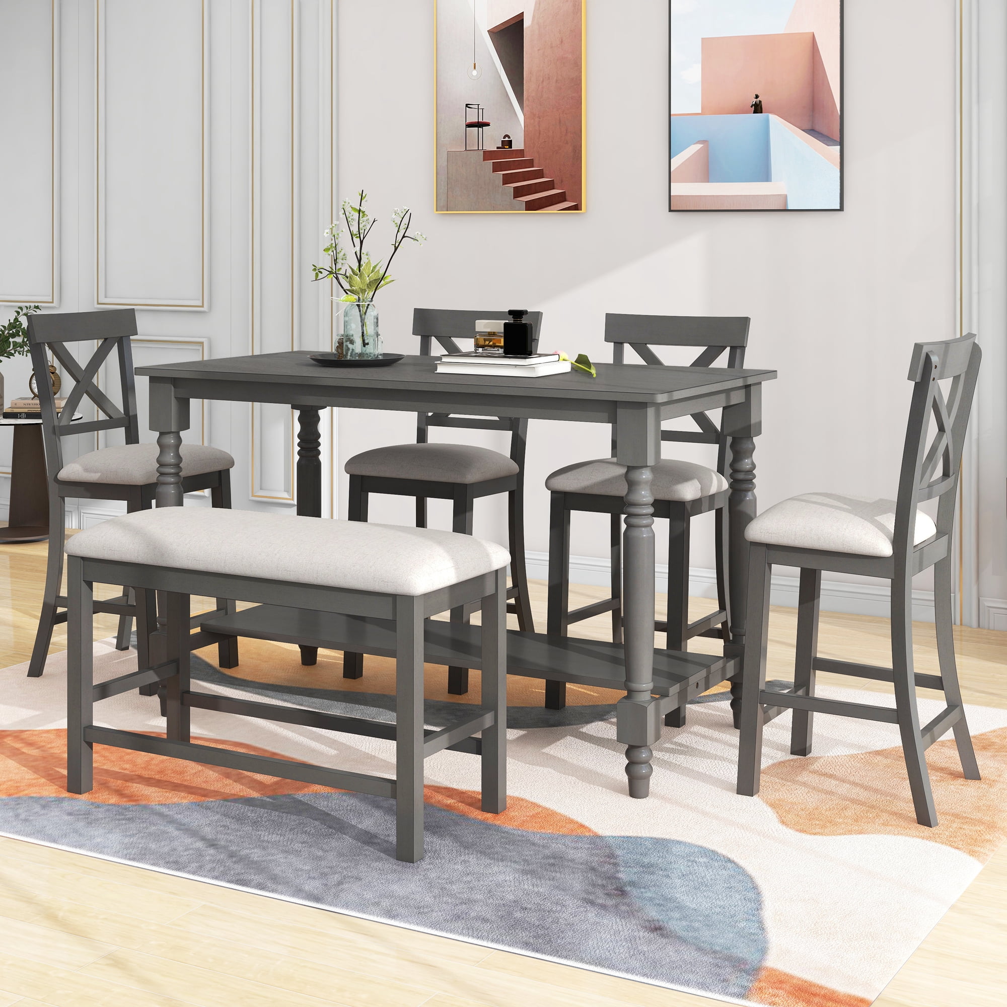 6-Piece Dining Room Set, Farmhouse 60''L Counter Height Dining Table ...