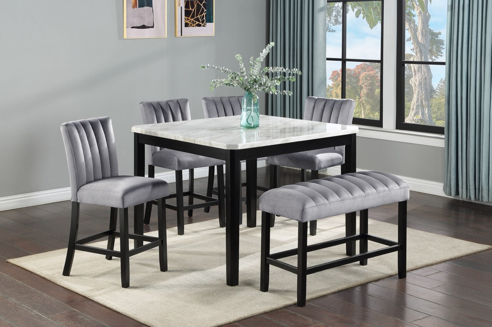 6-Piece Dining Set, 1 Square Faux Marble Table, Paired with 4 ...