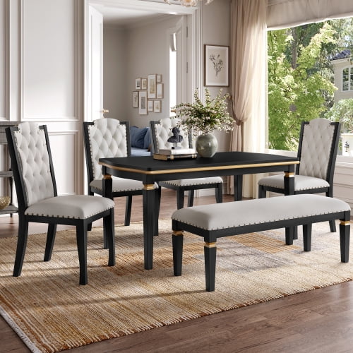 6 Piece Dining Set, 60 Inch Dining Table with 4 Chairs and Bench ...
