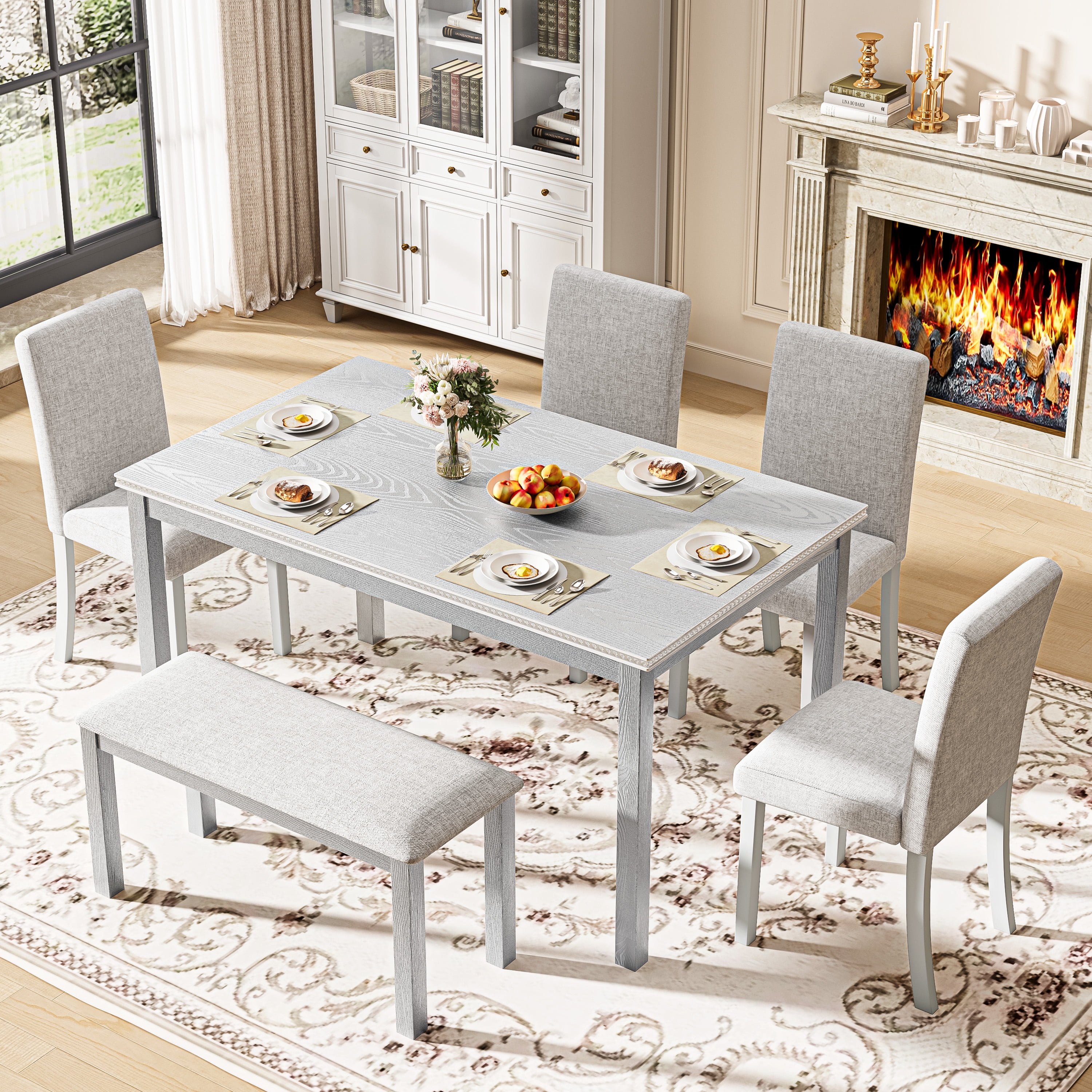 6 Piece Dining Set with Bench, Farmhouse Rectangular Dining Table Set for 6, Solid Wood Dining ...