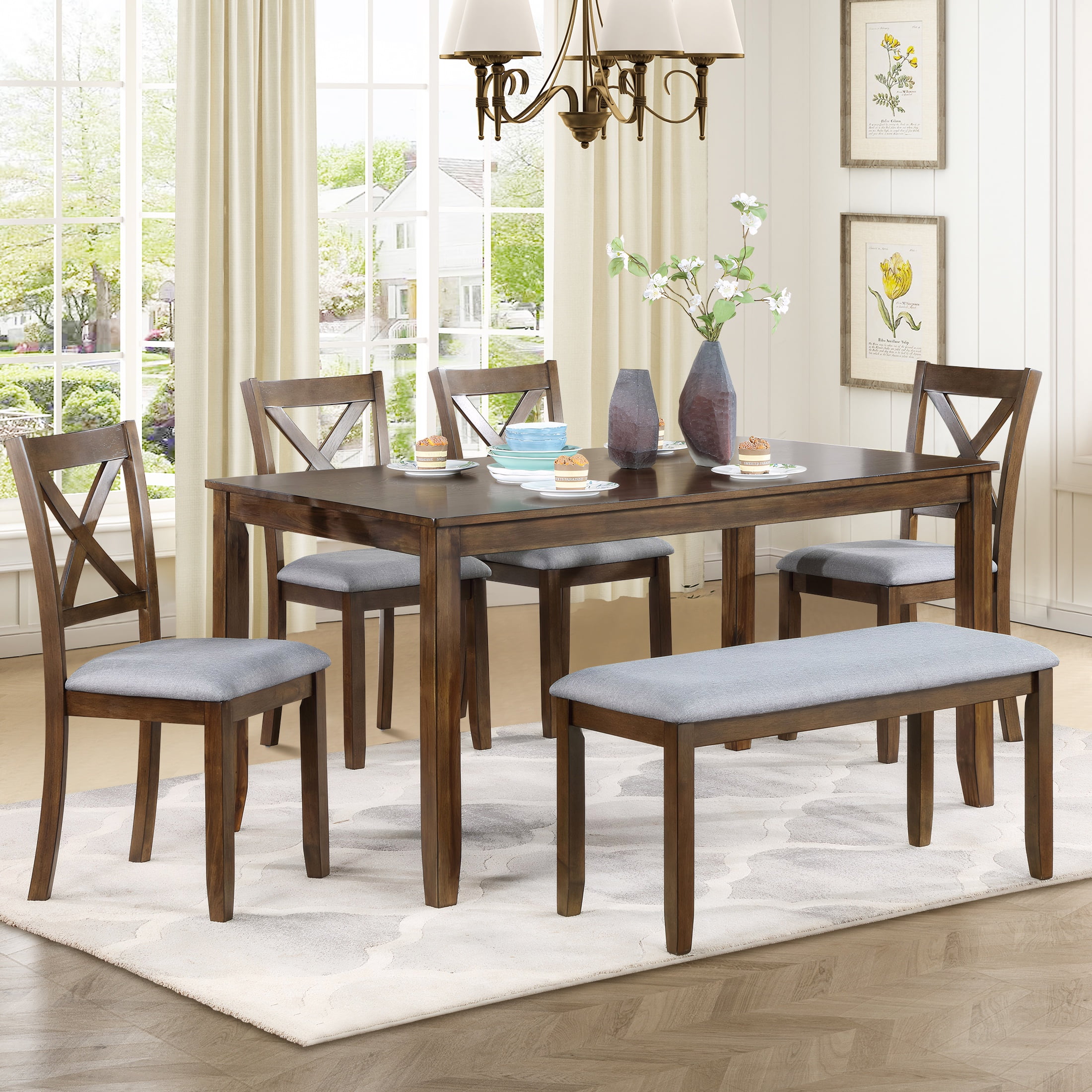 6 Piece Dining Set with Bench, Farmhouse Dining Table Set for 6, Solid ...