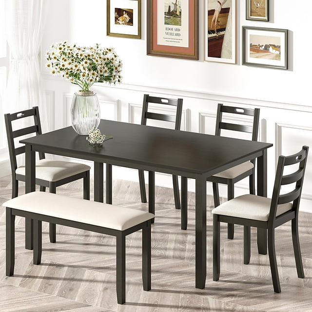 Farmhouse 6-Piece Solid Wood Dining Set with Bench and Upholstered ...