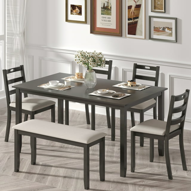 Farmhouse 6-Piece Solid Wood Dining Set with Bench and Upholstered ...