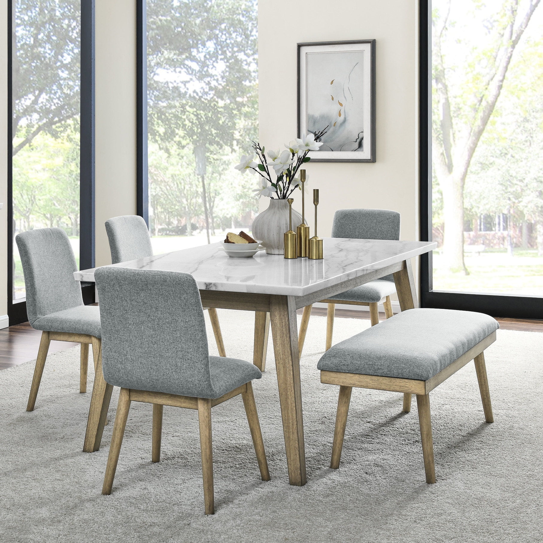 6 Piece Dining Set - Mid - Century Modern Design, 72" Table, Dark Gray ...