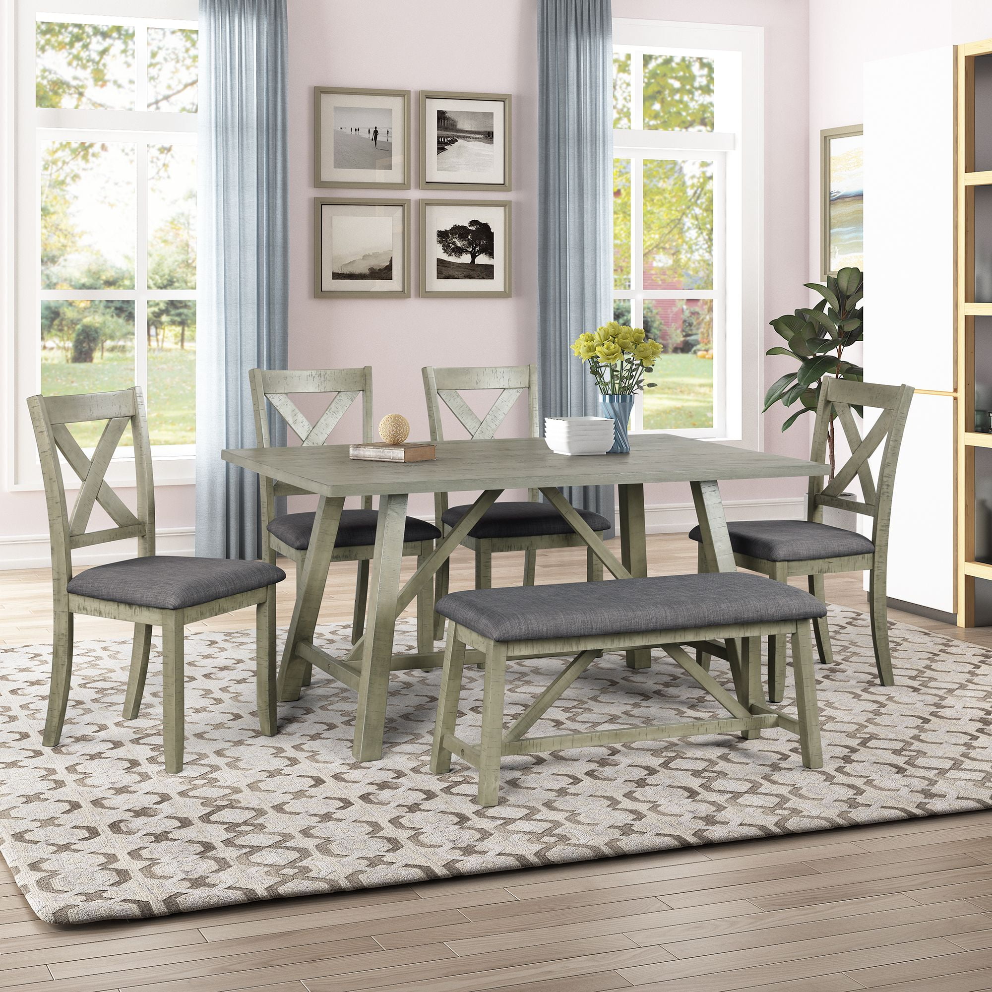 6 Piece Dining Set with Table and 4 Upholstered X Back Chairs, Rustic ...