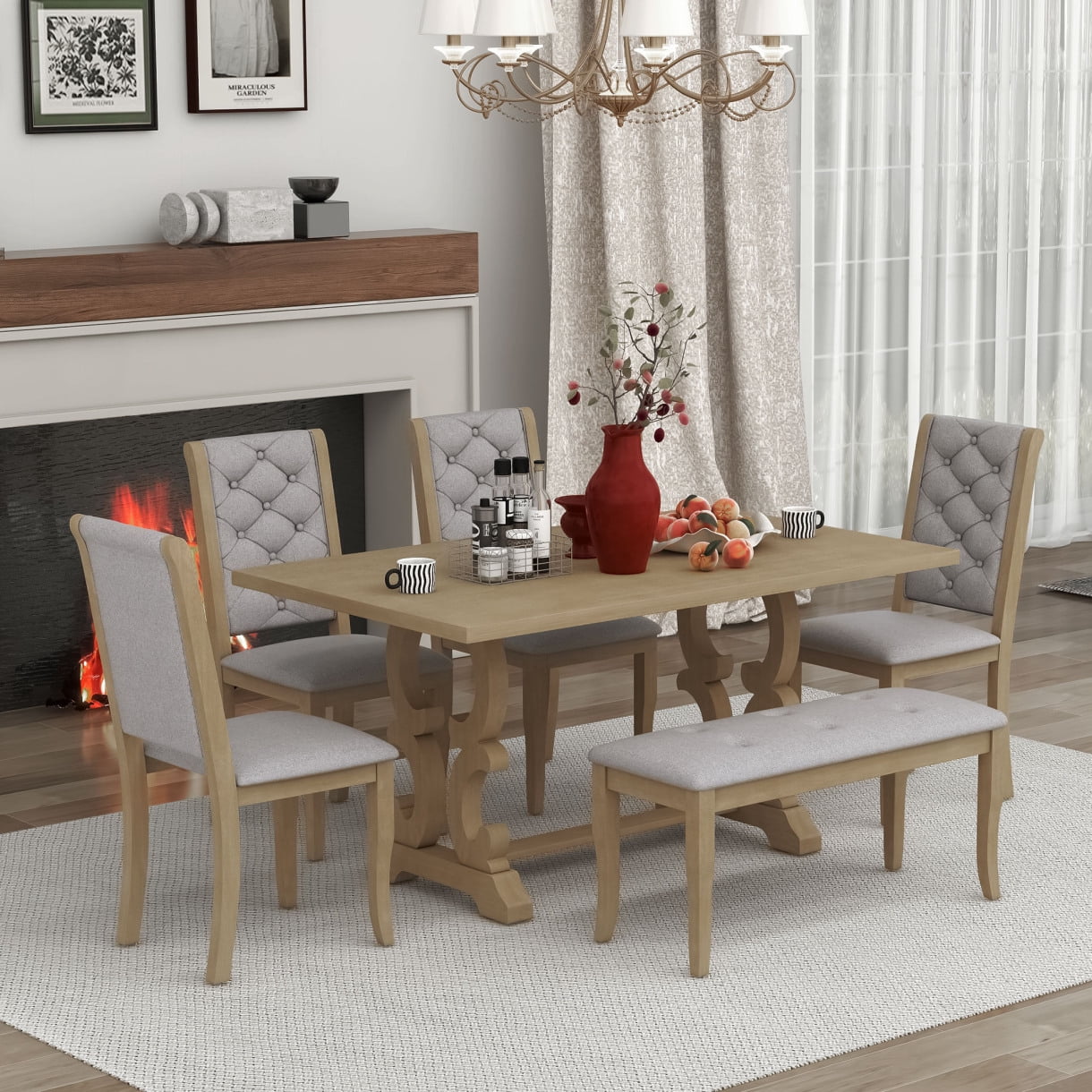 6-Piece Dining Sets, Solid Wood 60" Rectangular Dining Table and Chairs ...