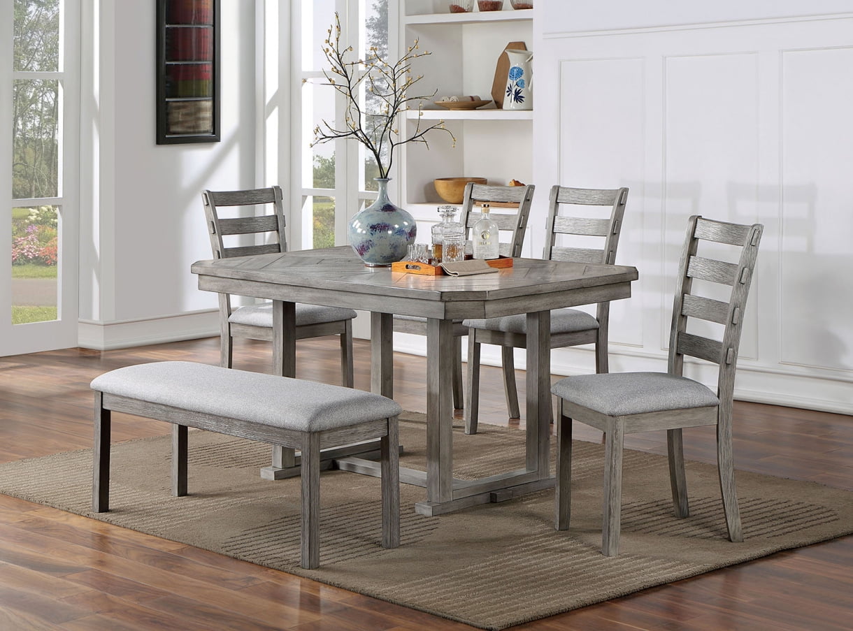 6 Piece Dining Table Chair Set with Bench, Solid Wood Frame Table Set ...