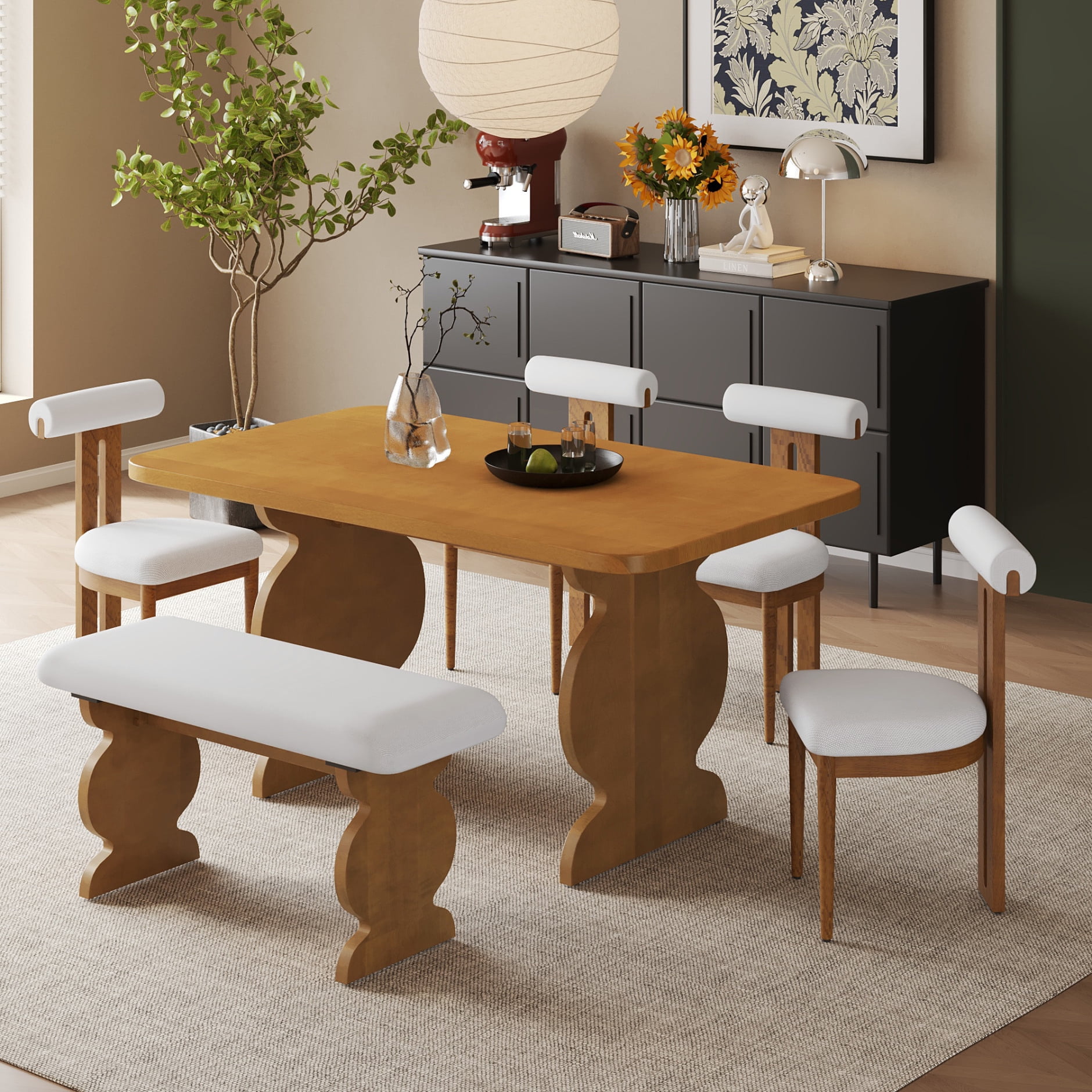 6-Piece Dining Table Chair Set, Mid-Century Modern Rectangular Table ...