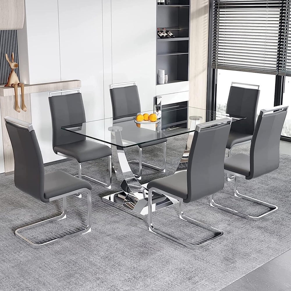 6-Piece Dining Table Set for 6, Modern Glass Kitchen Table and Chairs ...