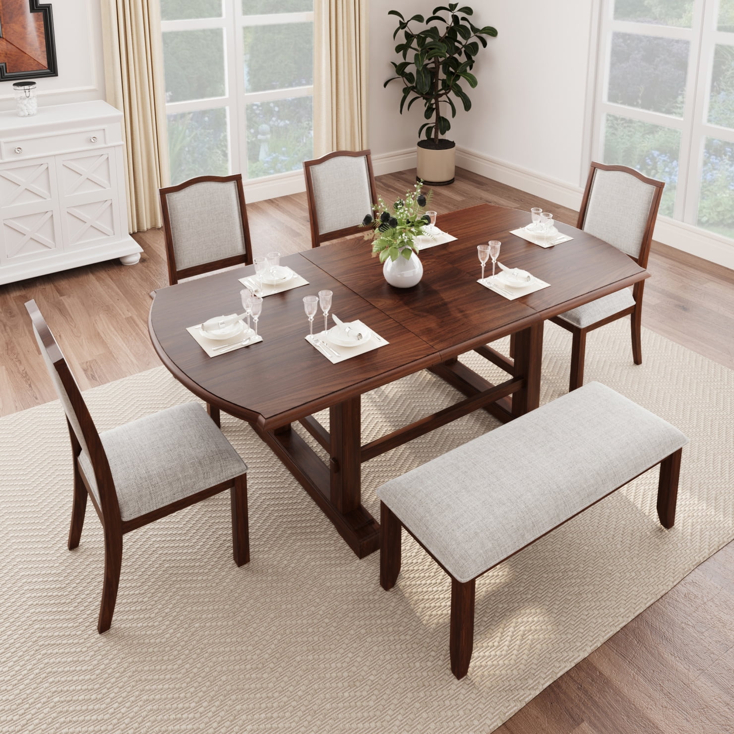 6-Piece Dining Table Set, 60 Inch to 78 Inch Extendable Wood Dining ...