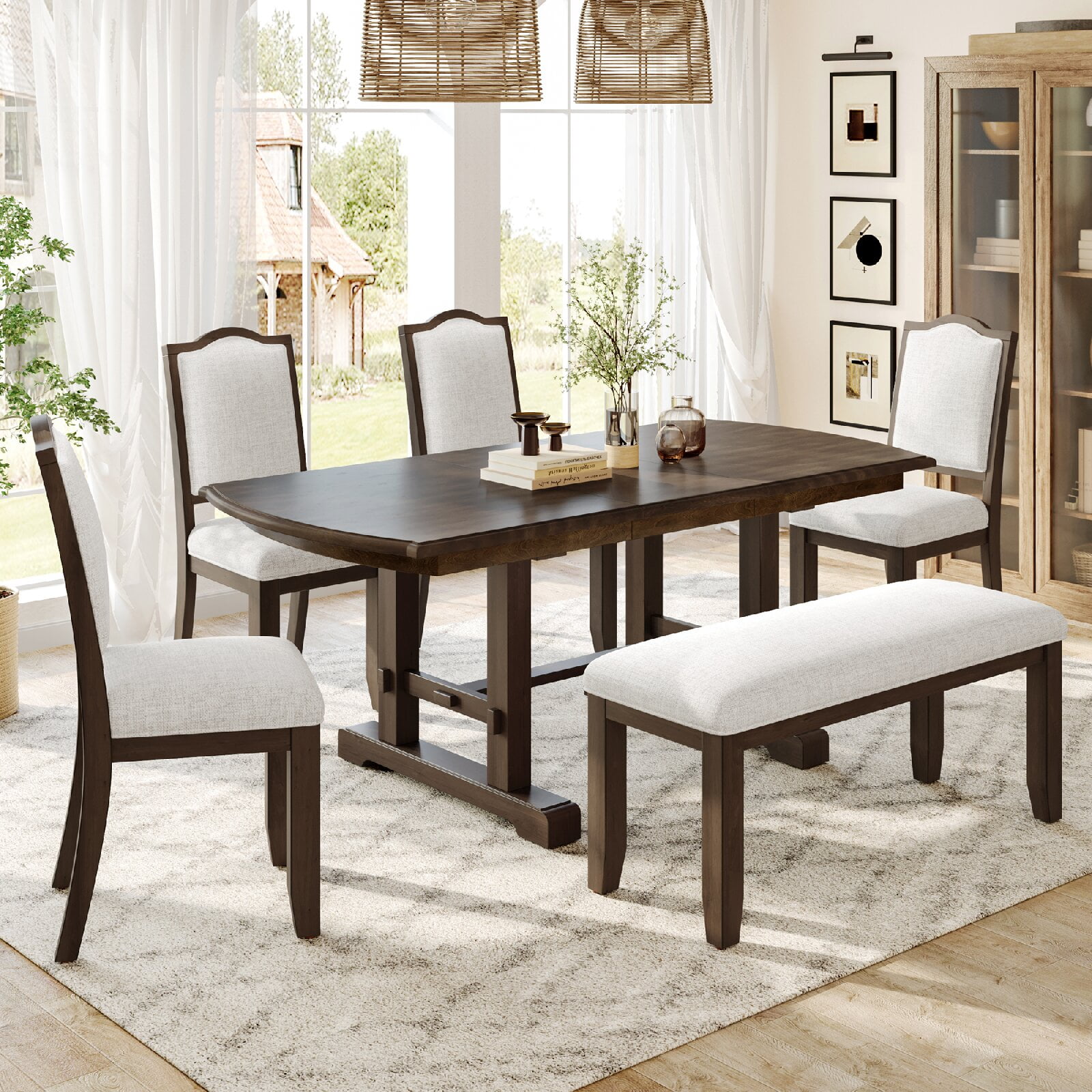 6-Piece Dining Table Set, 60inch to 78inch Extendable Wood Dining Table with Removable Leaf ...