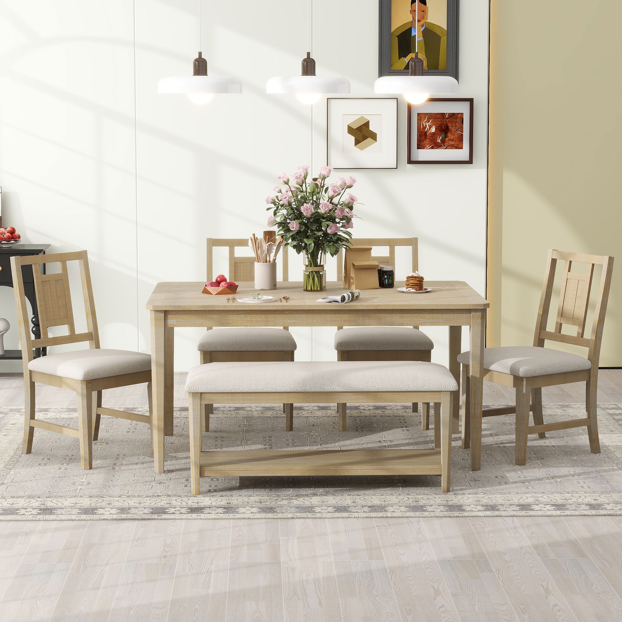 Atumon 6 Piece Wood Dining Table Set with Bench and 4 Cushioned Chairs ...